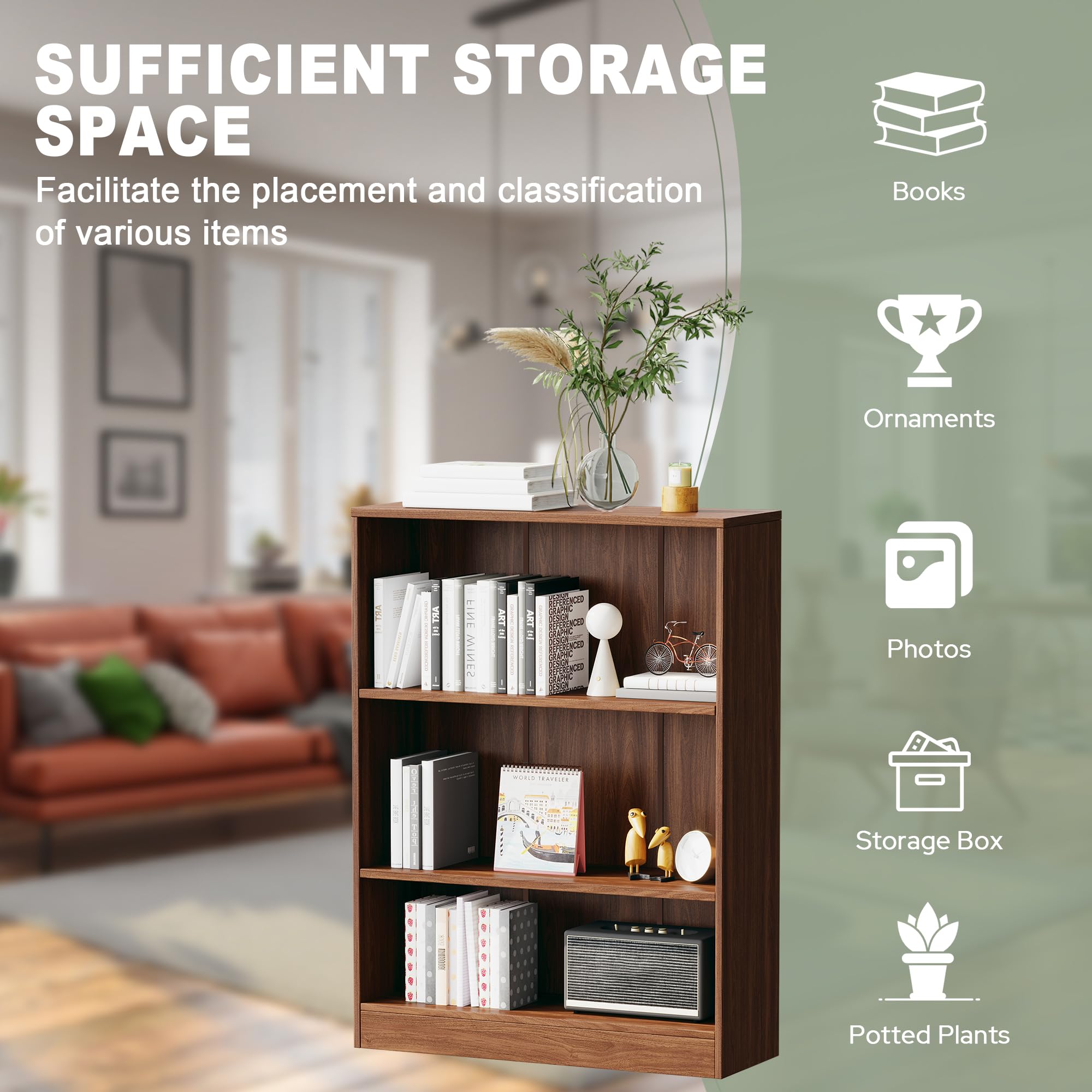 VICLLAX Wood 3 Shelf Bookcase, Adjustable Layers Bookshelf, Tall ...