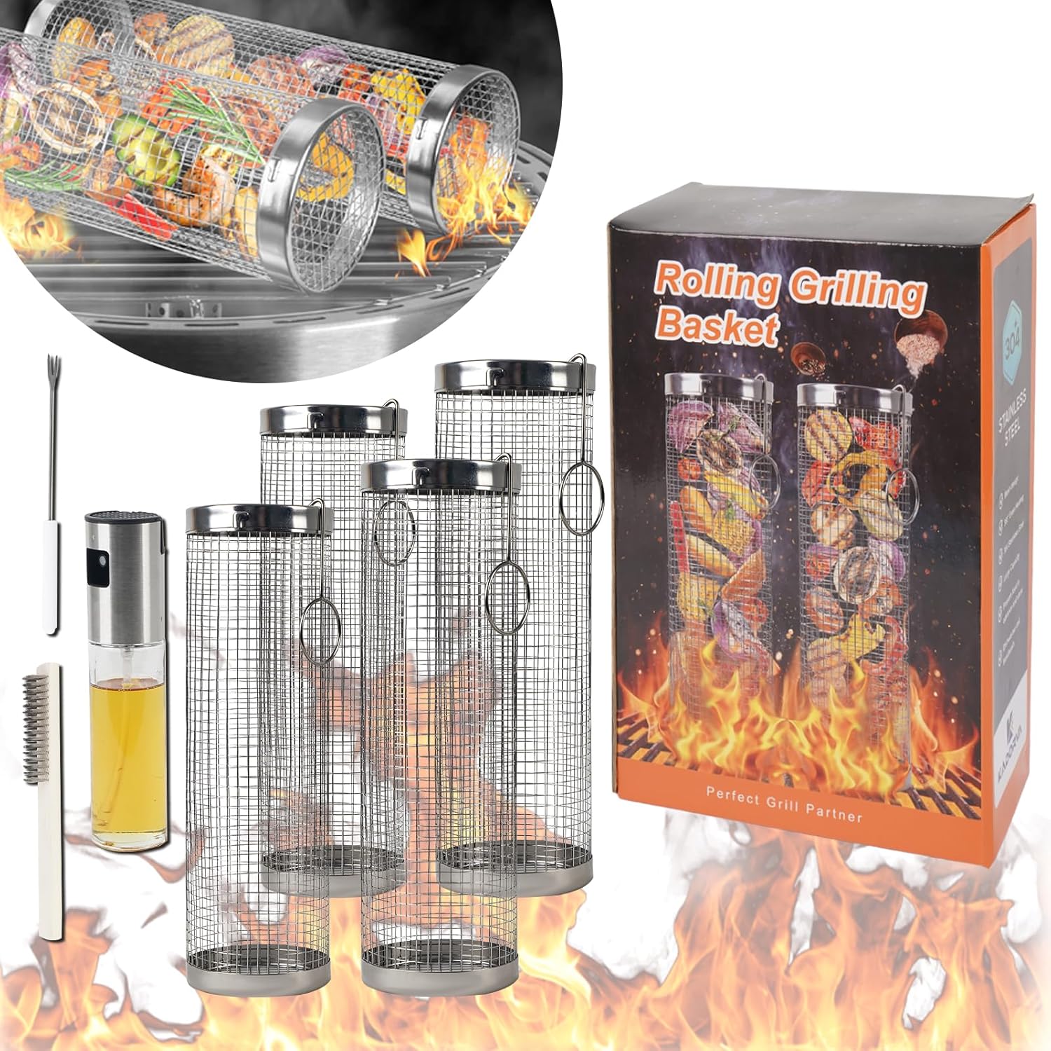 Amazon.com: BBQ Grill Basket 4 PCS, Grill Basket, Rolling Grilling ...