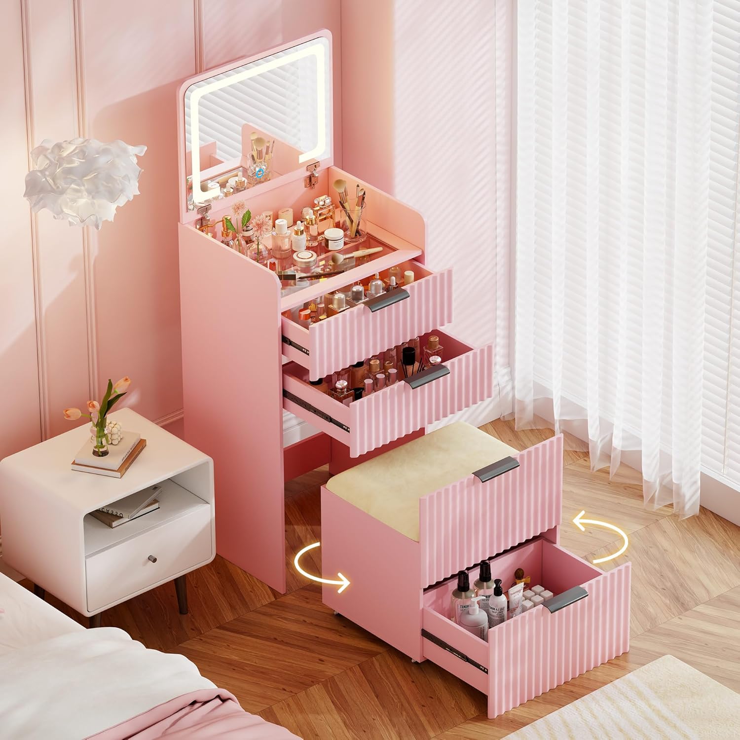 Amazon.com: Gurexl Fluted Small Vanity Desk with Mirror and Lights, 3 ...