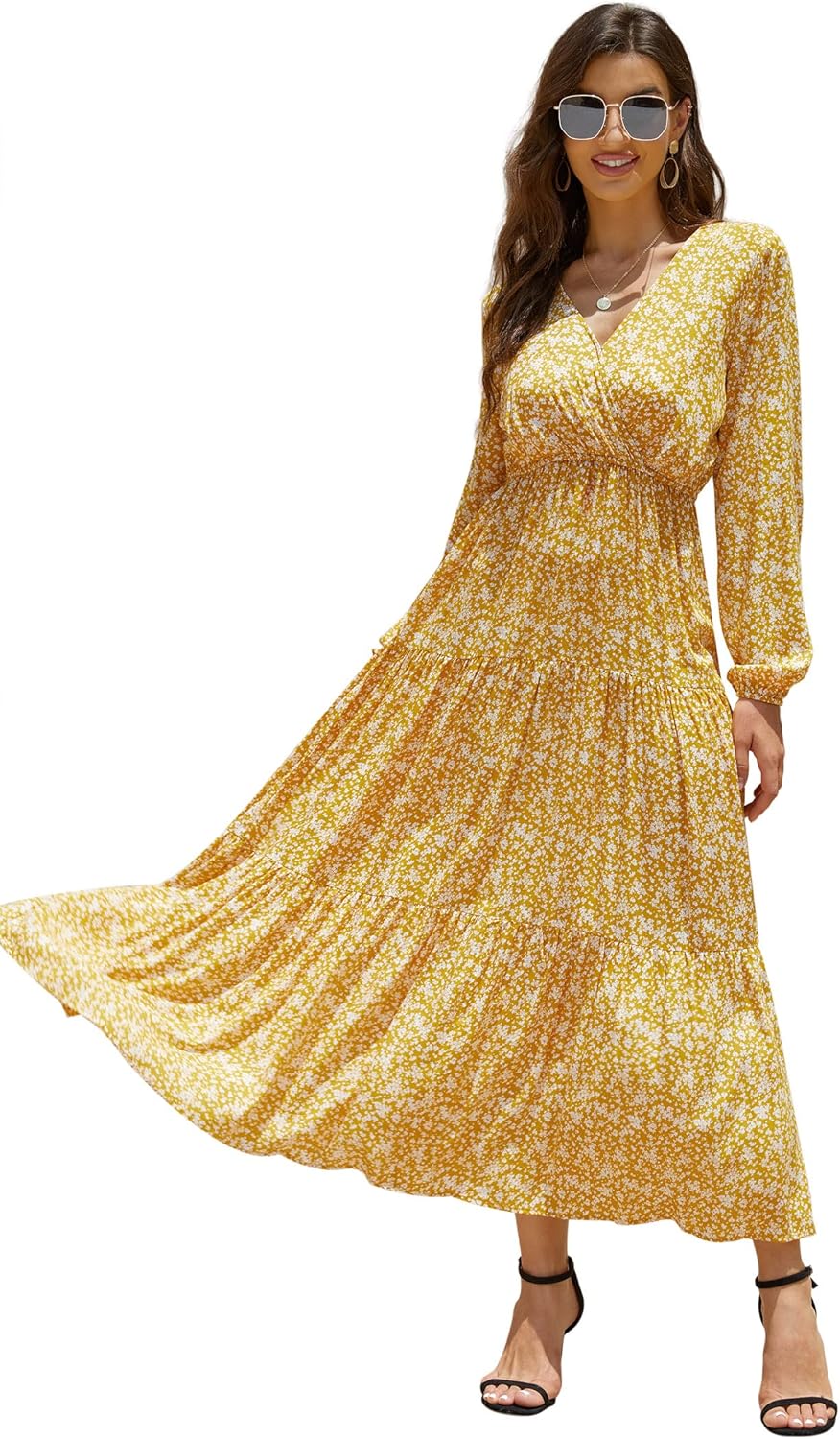 Kleid Damen V Ausschnitt Strandkleid Retro Tunika Kleid Elegant Freizeitkleid Langarm ...