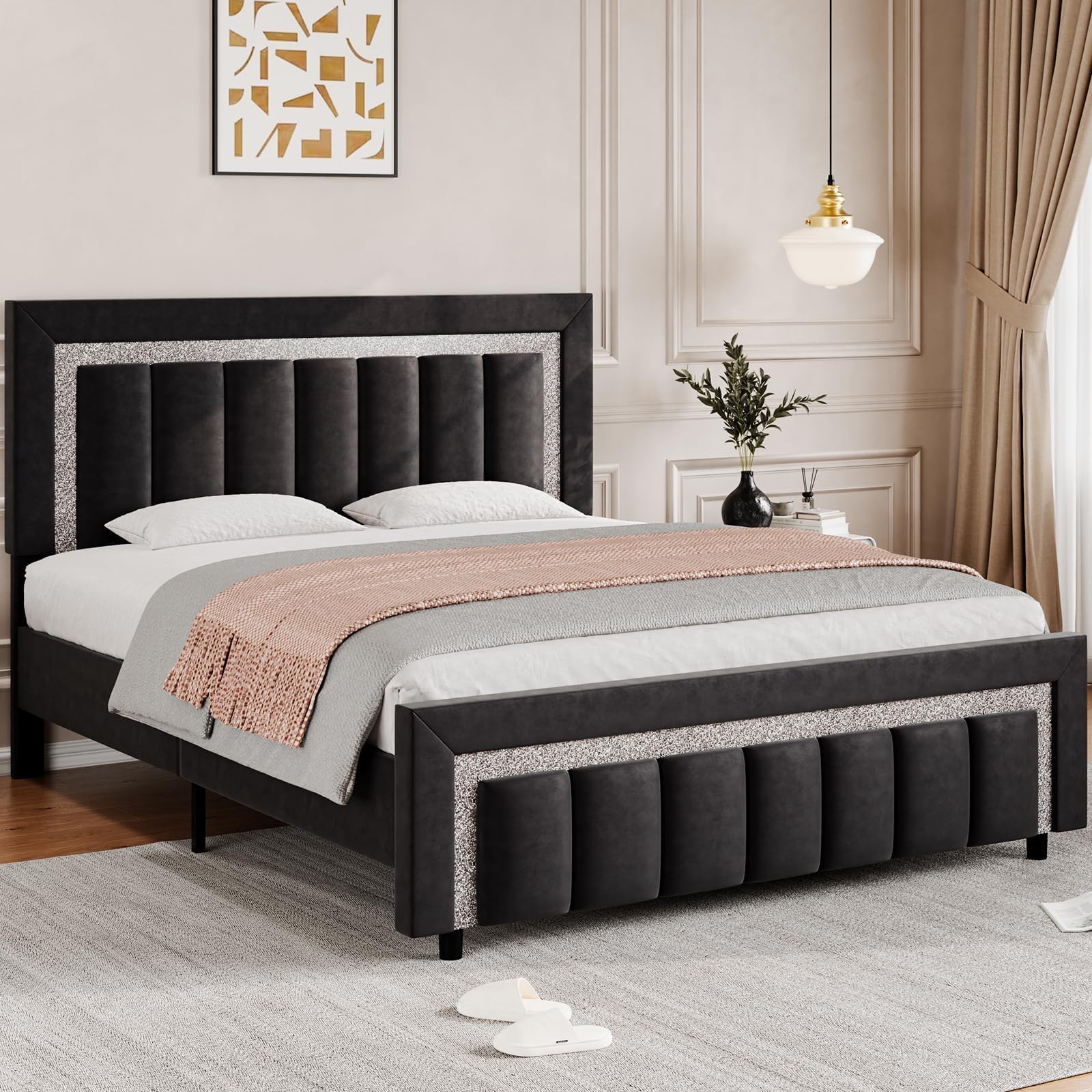 Amazon.com: HOMBCK Full Size Bed Frame, Velvet Upholstered Bed Frame ...