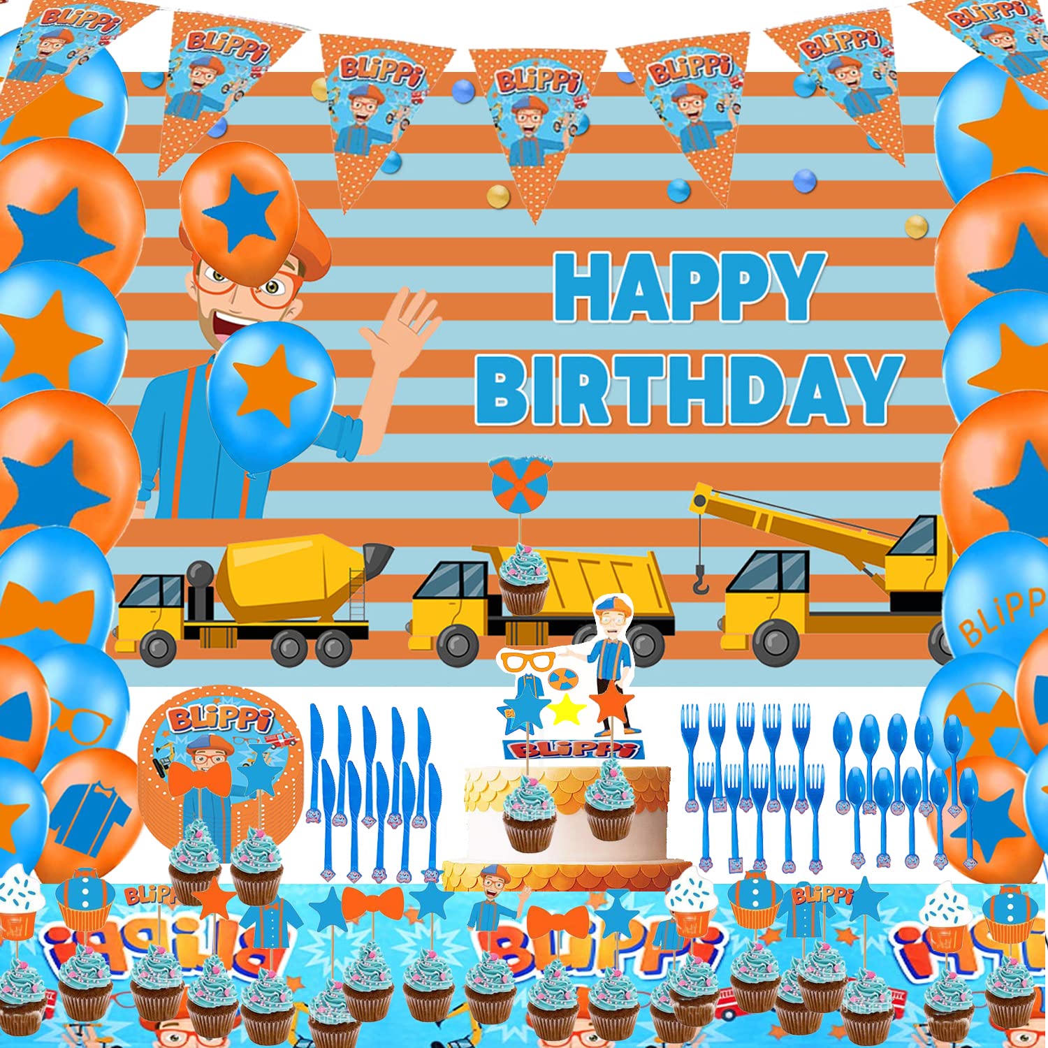 Buy Blippi Birthday Party Supplies ,Decorations Set Include Pennants ...