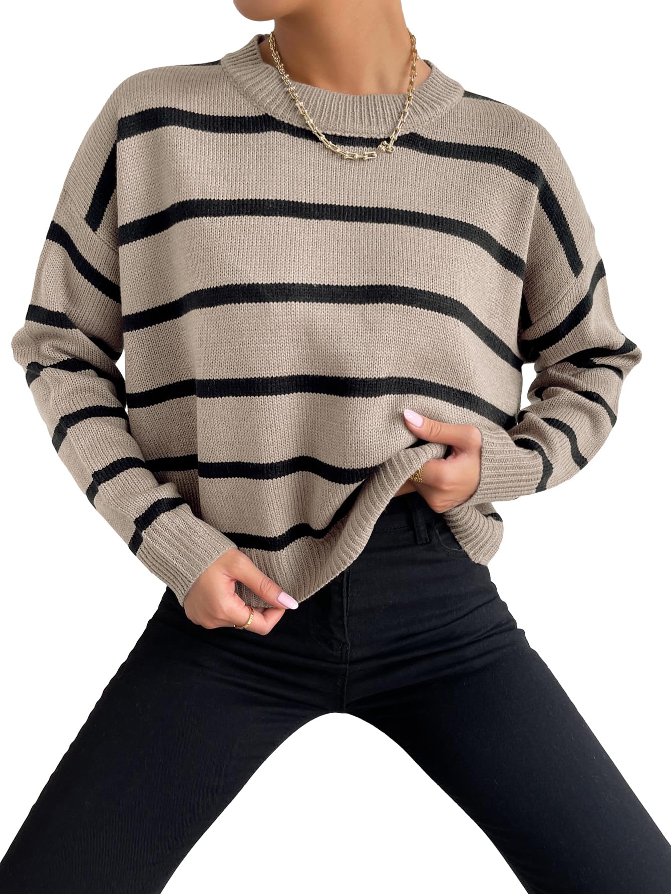 Snapklik.com : Womens Striped Drop Shoulder Sweater Oversized Crew Neck ...