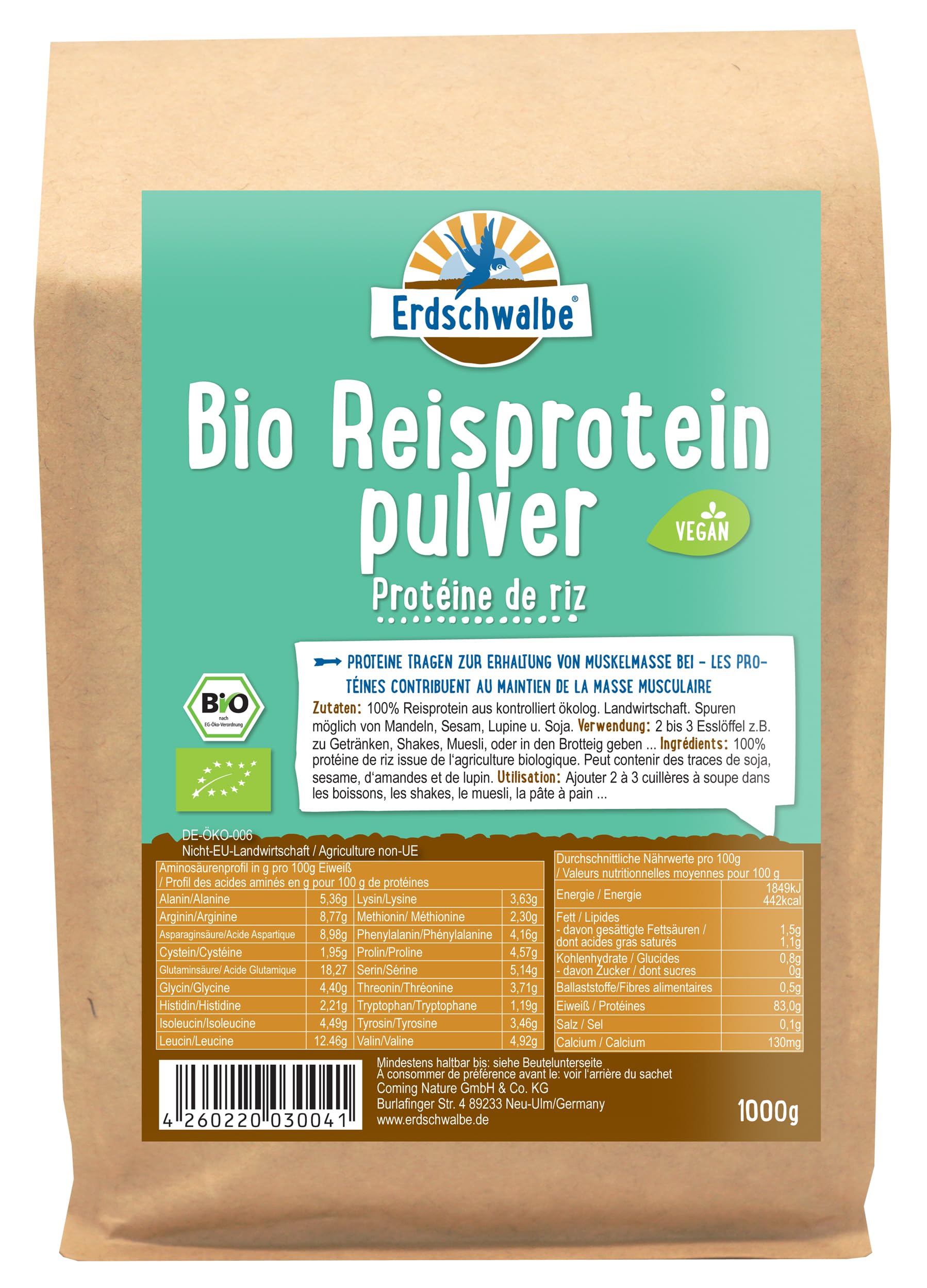 Erdschwalbe Bio Reisprotein - Veganes Eiweißpulver - 1 Kg : Amazon.de ...