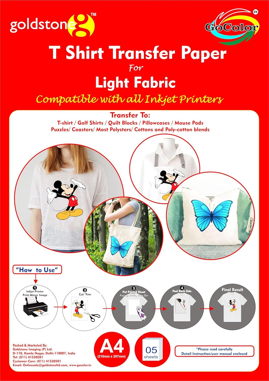 GoColor T Shirt Transfer Inkjet Paper for White & Light Fabrics A4 Size ...