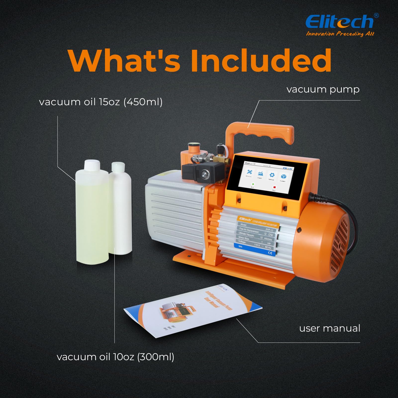 Elitech 12 CFM Vacuum Pump, 110V Intelligent HVAC Vacuum Pump 2 Stage App Control Touch Screen ...