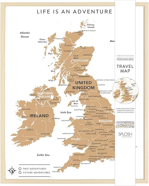 Splosh Travel Map - Desk UK Map Pin Board in White, Wooden Frame ...