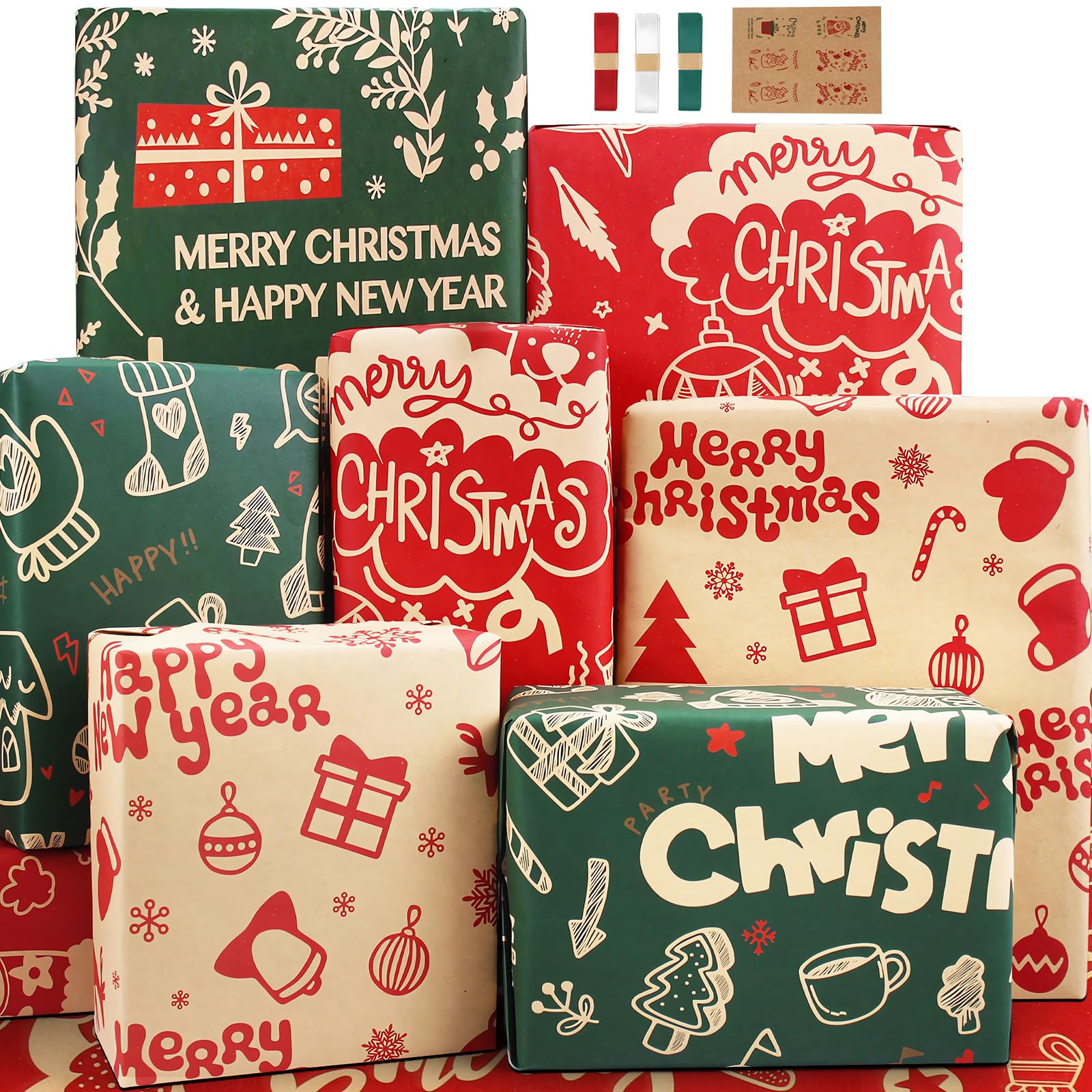 Merry Christmas Wrapping Paper Set Gift Wrap Christmas Green Red Kraft ...