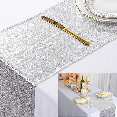 Amazon.com: 2 Pack Sequin Table Runner Silver, 12 x 108 inch Glitter ...