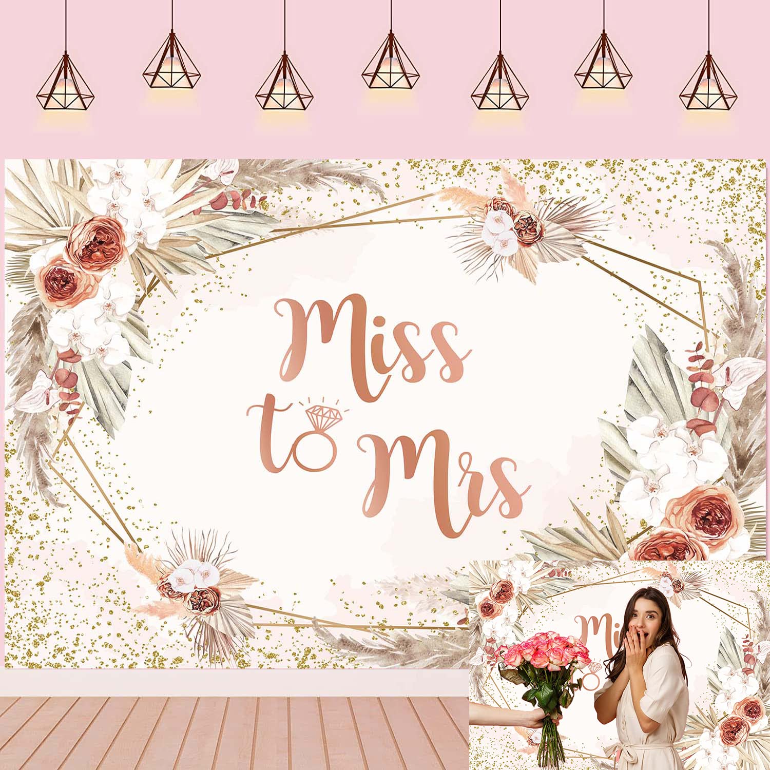 Miss to Mrs Backdrop for Bridal Shower Pampas Grass Pink Flowers Boho ...