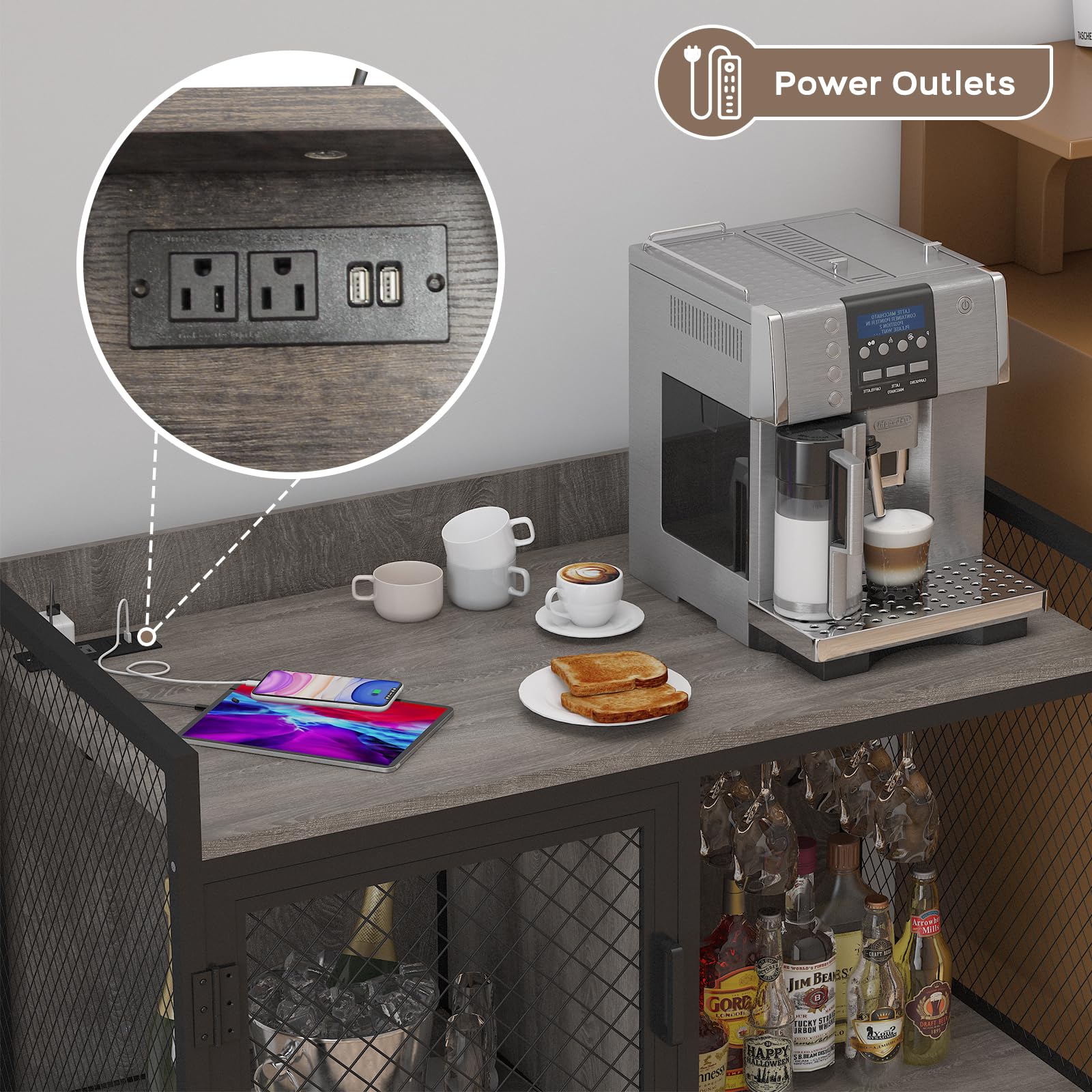 Small Mobile Home Bar Cart With Wine Rack Power Outlets USB Mobile Bar ...