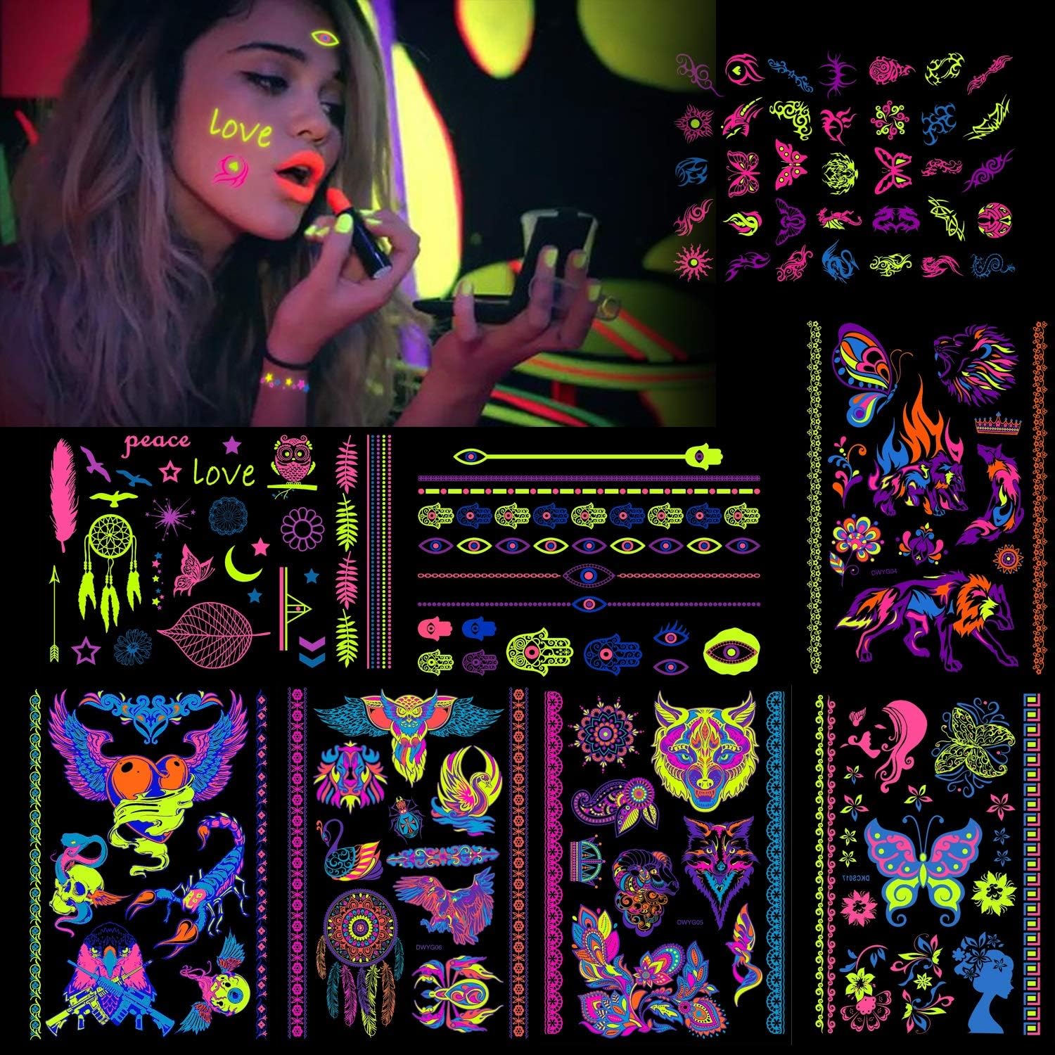 Amazon.com : Neon Temporary Tattoos Glow In The UV Neon Tattoos Stickers 61 Glitter Styles ...