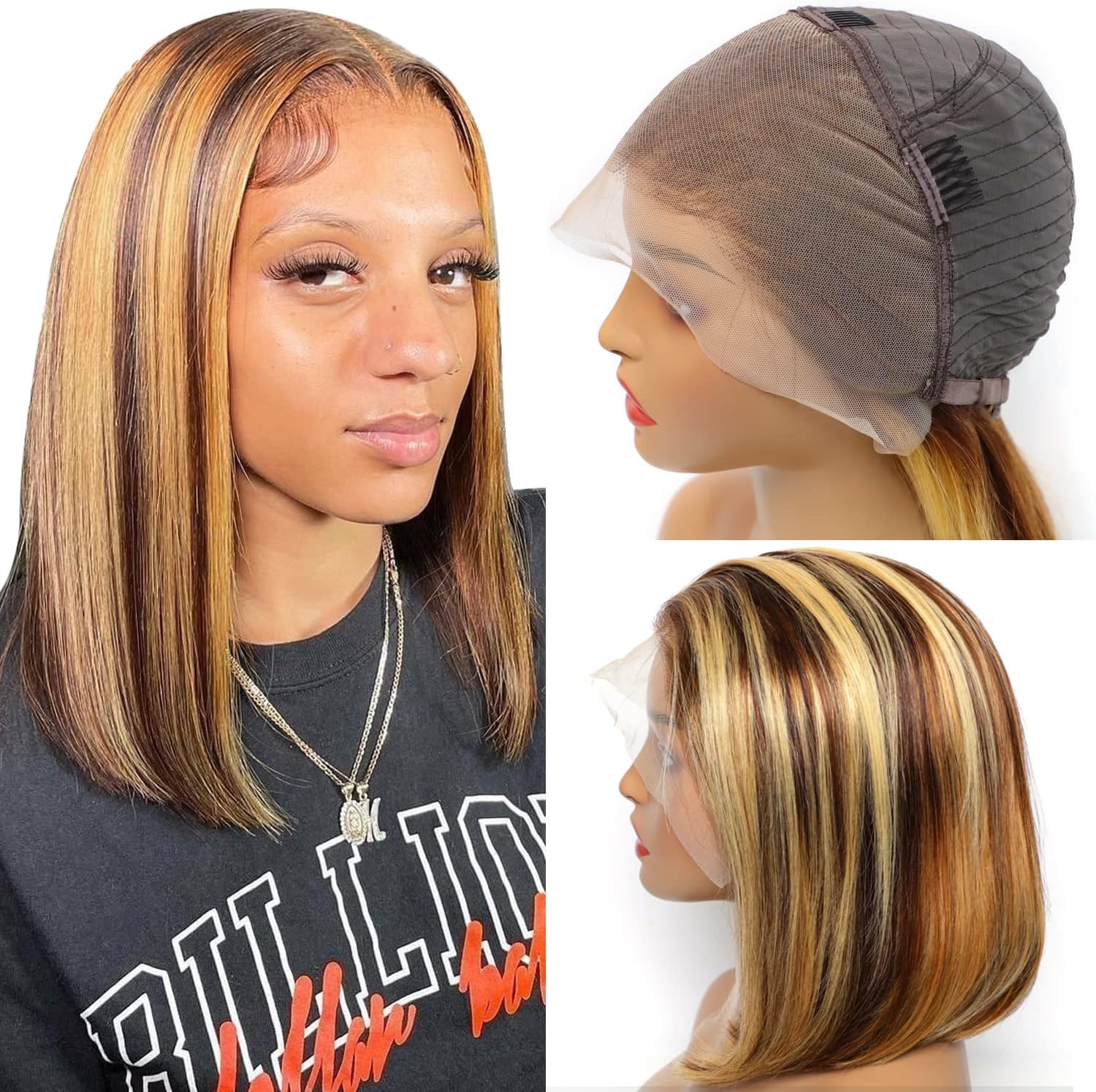 Amazon.com : Highlight Ombre Bob Wig Human Hair 13x4 HD Honey Blonde ...