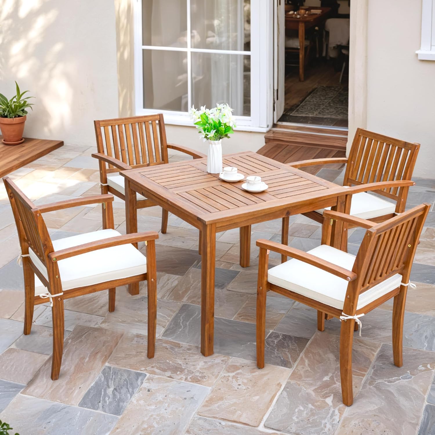 Amazon.com: Flamaker 5 Piece Outdoor Dining Set Acacia Wood Patio Table ...