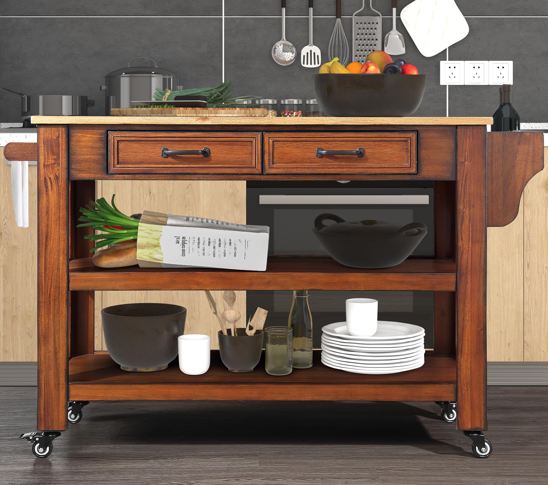 Amazon.com: YWUFUART 57 Inch Solid Wood Kitchen Island Cart,Solid Oak ...