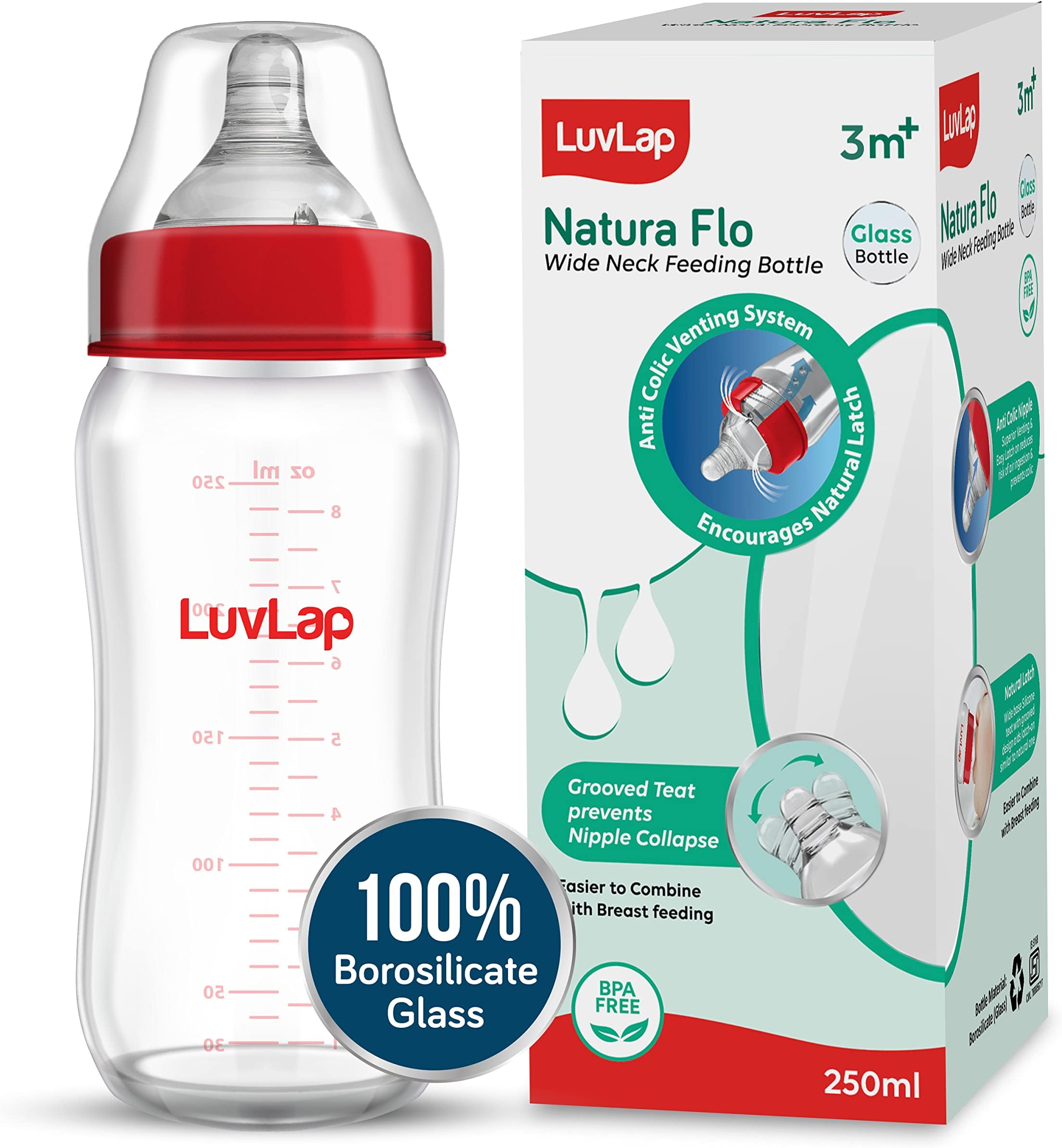 Buy LuvLap Natura Flo Wide Neck Glass Feeding Bottle, New Born/Infants ...