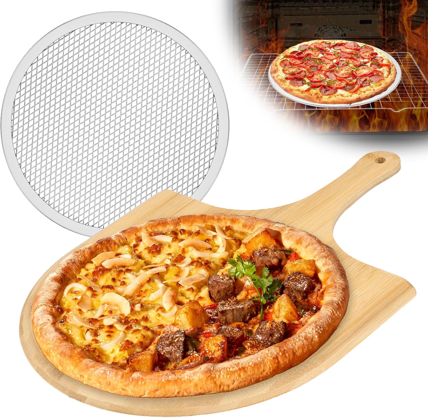 Amazon.com: Bamboo Pizza Peel & Mesh Baking Tray Pizza Set of 2, Paddle ...
