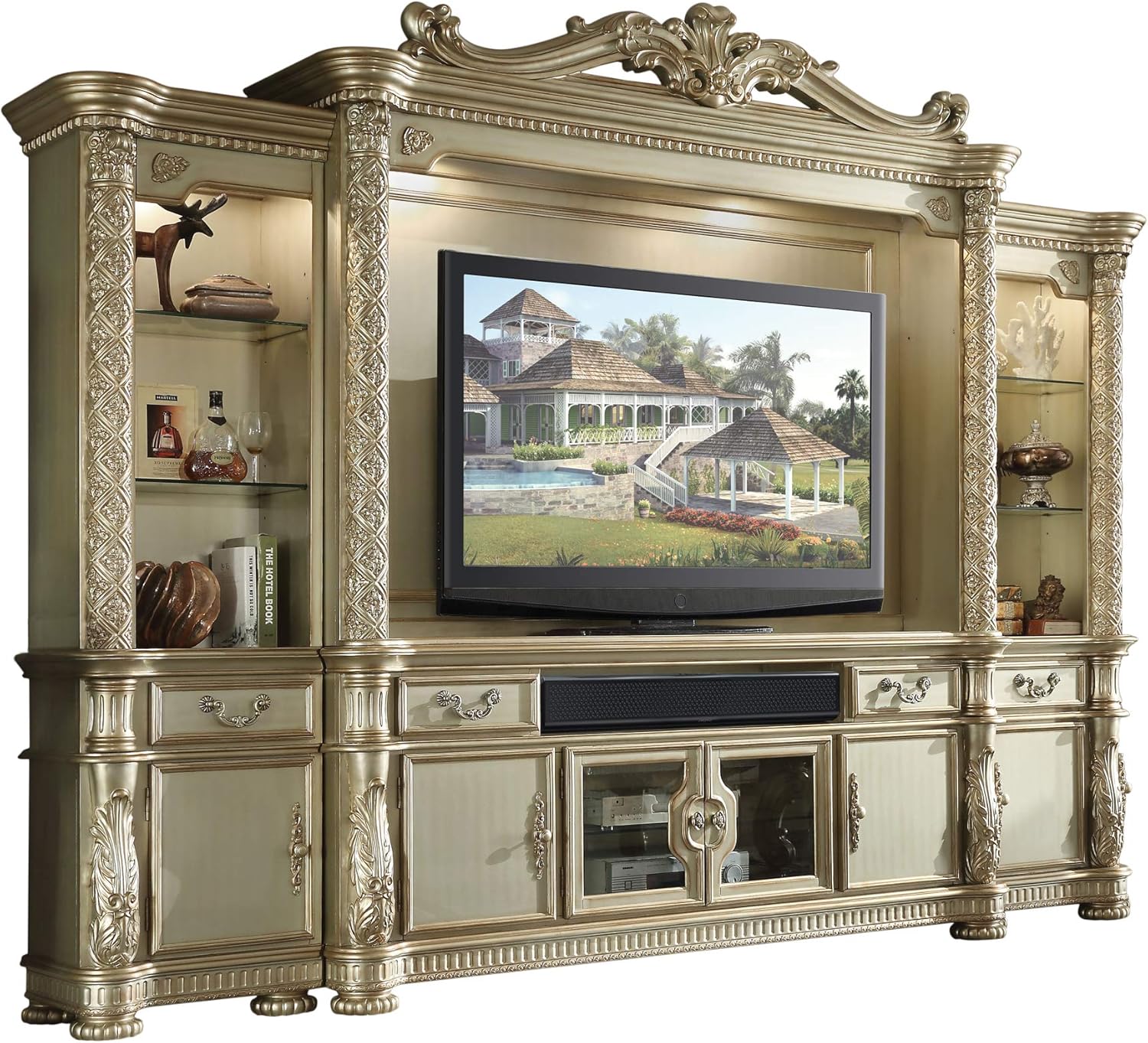 Amazon.com: Benjara Traditional Wood and Glass Entertainment Center ...
