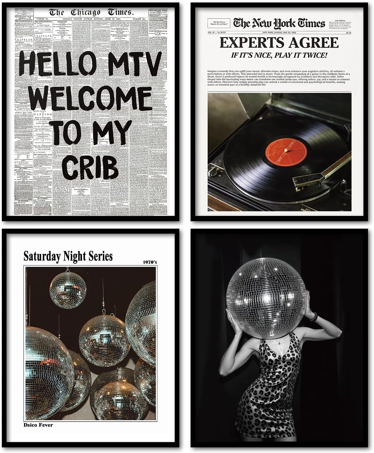 Amazon.com: KDHTY Vintage 70s Disco Ball Newspaper Prints Wall Art ...