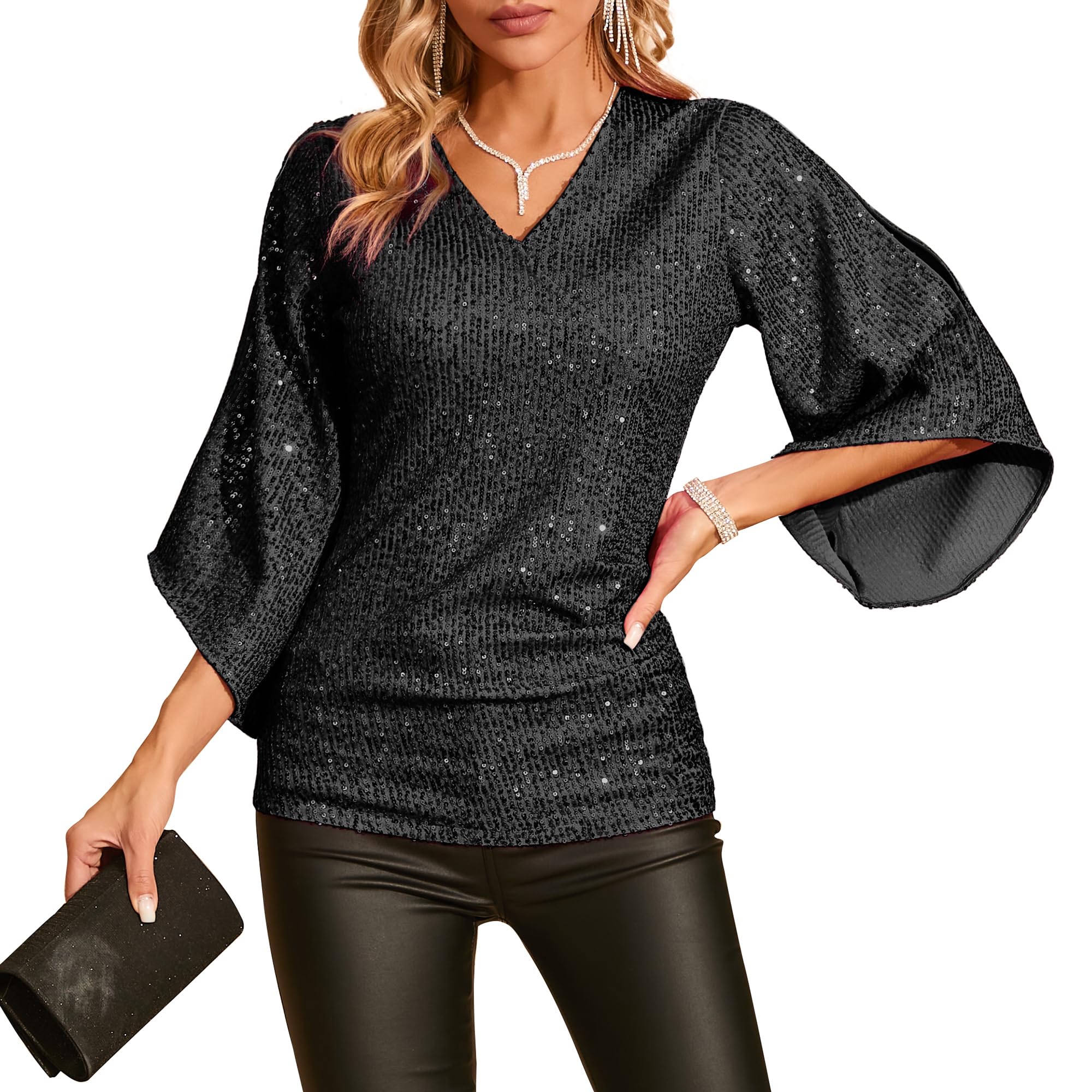 Amazon.com: Womens Sequin Top 3/4 Sleeve Sparkly Shirt Glitter V-Neck ...