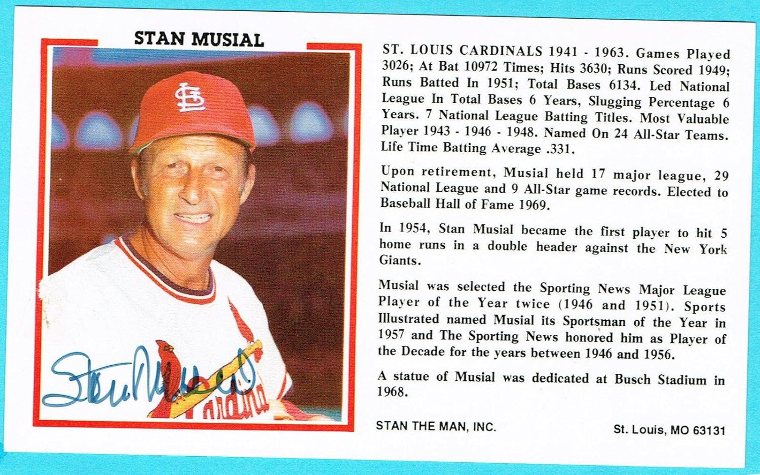 Stan Musial Hand Signed 4x6 Post Card RARE BOLD autograph mint auto cbm ...