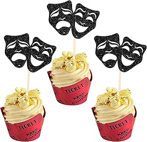 24 PCS Theatrical Mask Cupcake Toppers Glitter Comedy Movie Night ...