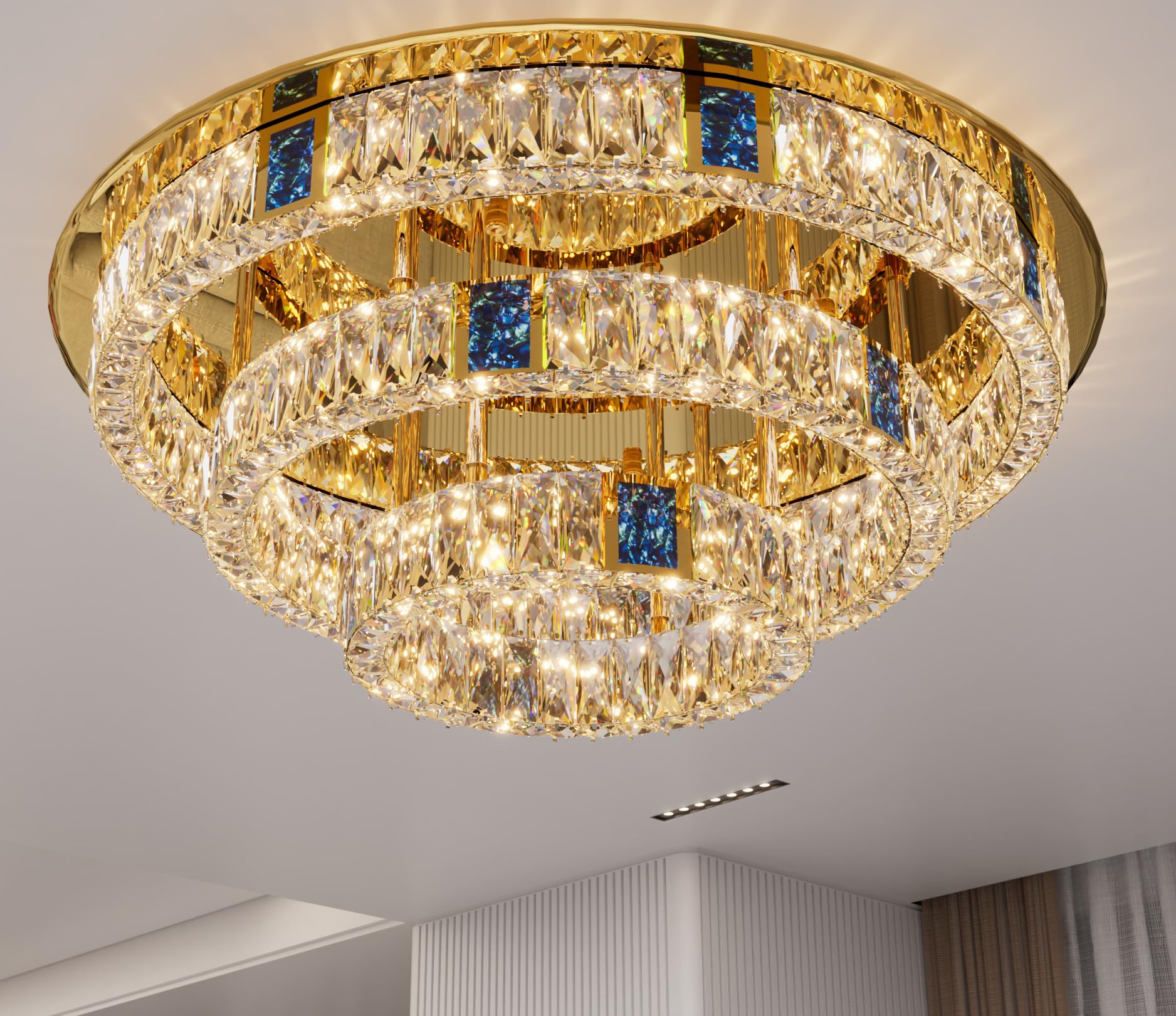 IDEQUY W32'' Flush Mount Crystal Chandelier Modern LED Gold Ceiling ...