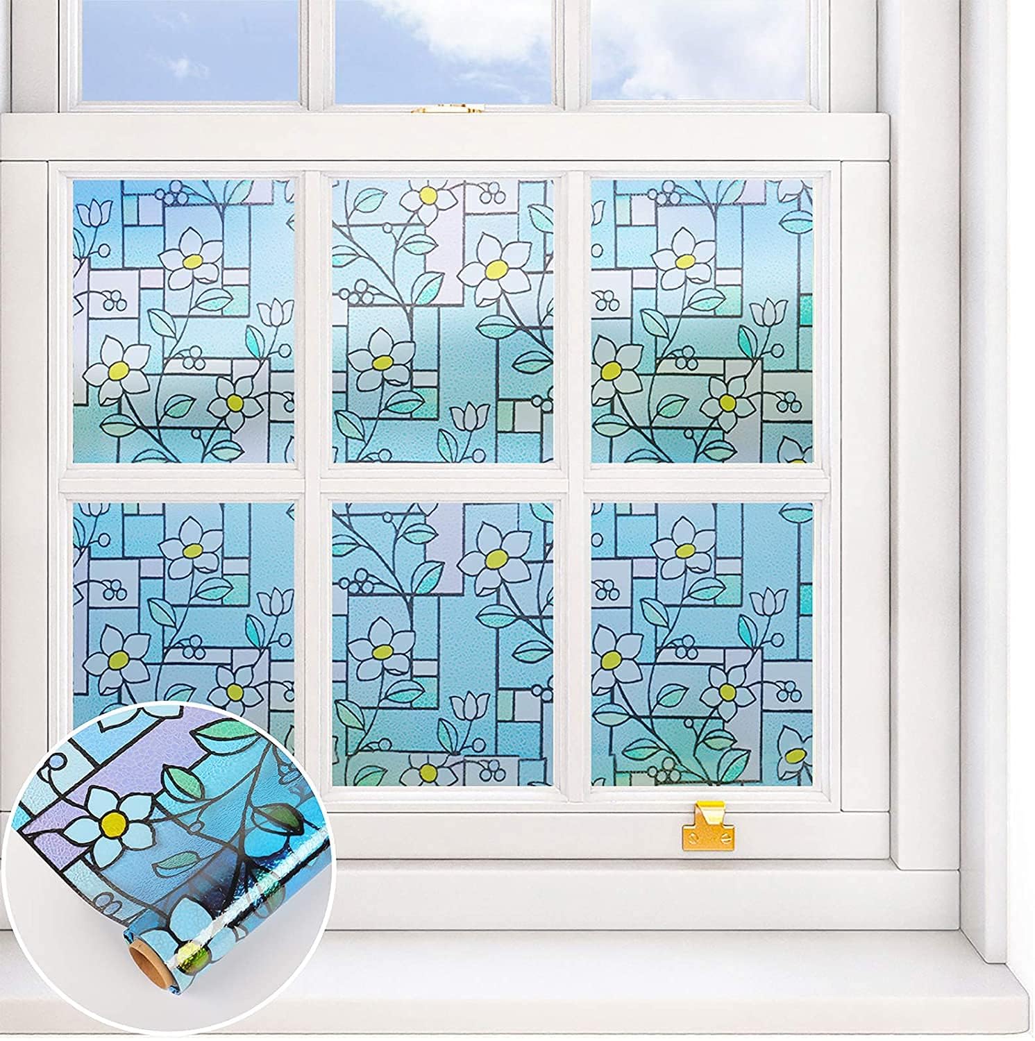Buy GREEWELT Vinyl Sea Blue Flower Window Self Adhesive Peel and Stick ...