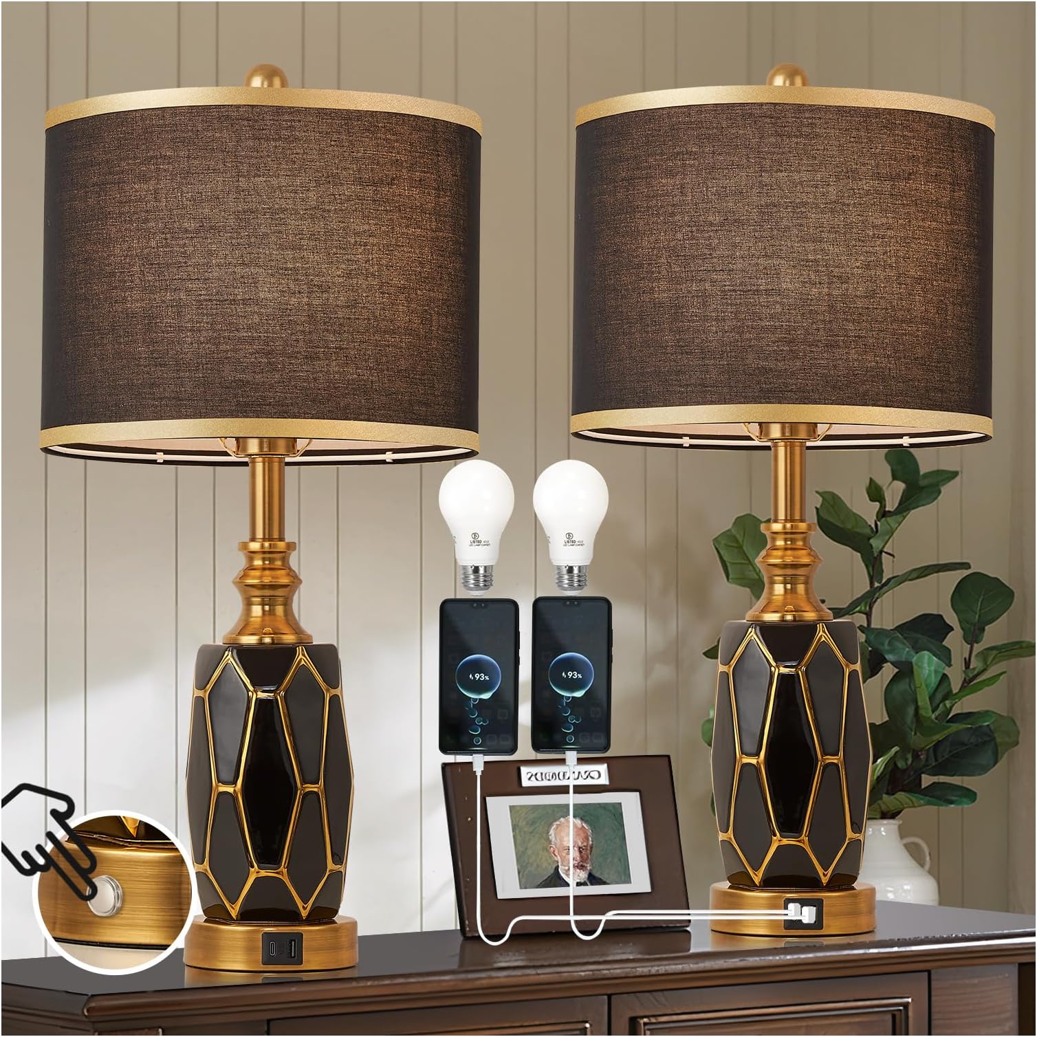 workluurop Set of 2 Touch Control Table Lamps for Bedroom Livingroom ...