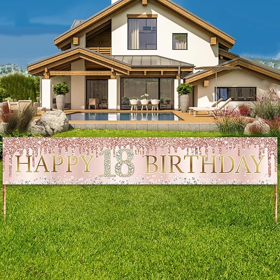 Amazon.com: Happy 18th Birthday Banner Decorations for Girls, Pink Rose ...