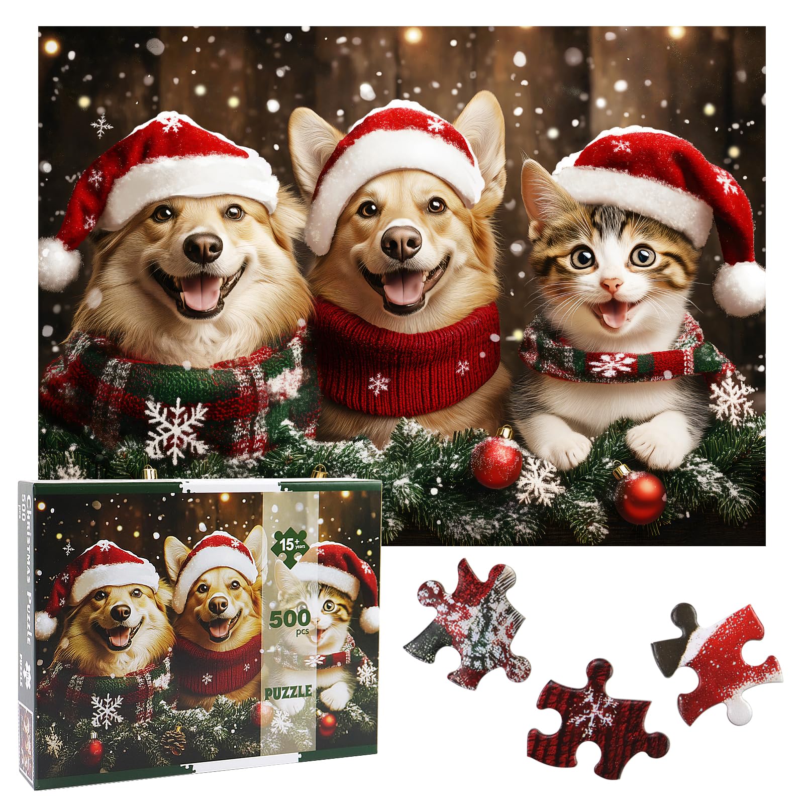 Amazon.com: Christmas Puzzles 500 Pieces Christmas Dog & Cat Jigsaw ...