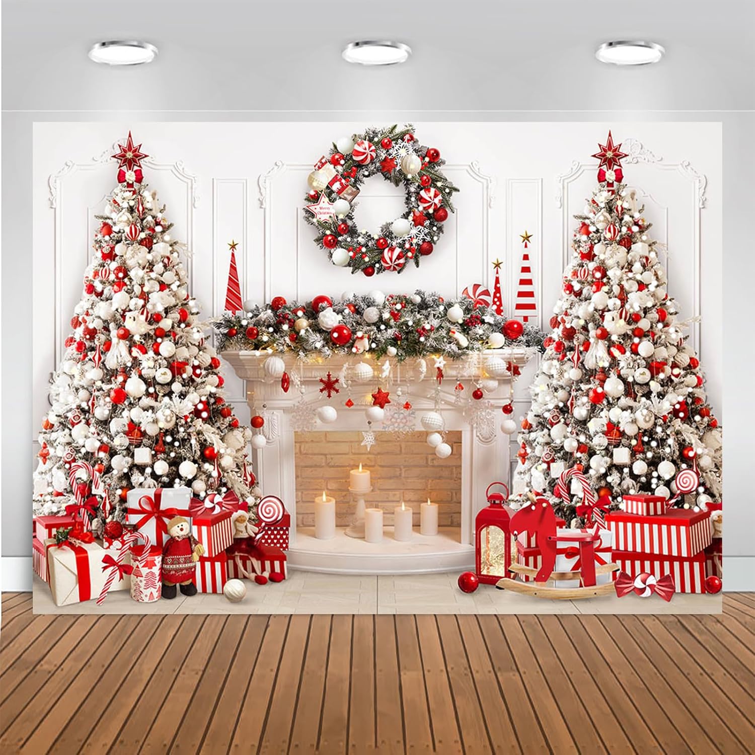 Amazon.com : Mocsicka Christmas Fireplace Backdrop White Red Christmas ...