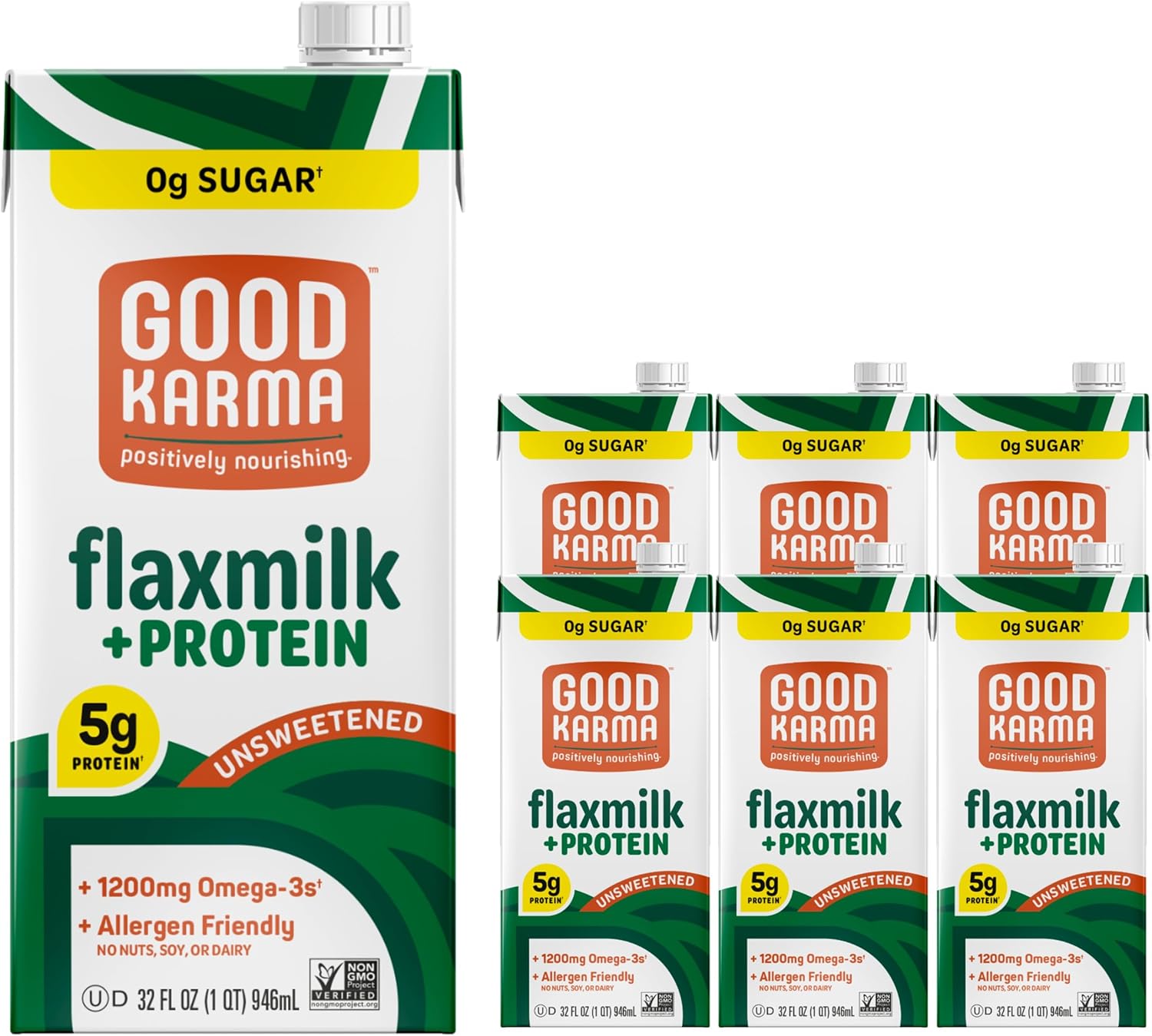 Good Karma Unsweetened Flaxmilk +Protein, 32 Ounce (Pack of 6), 5g ...