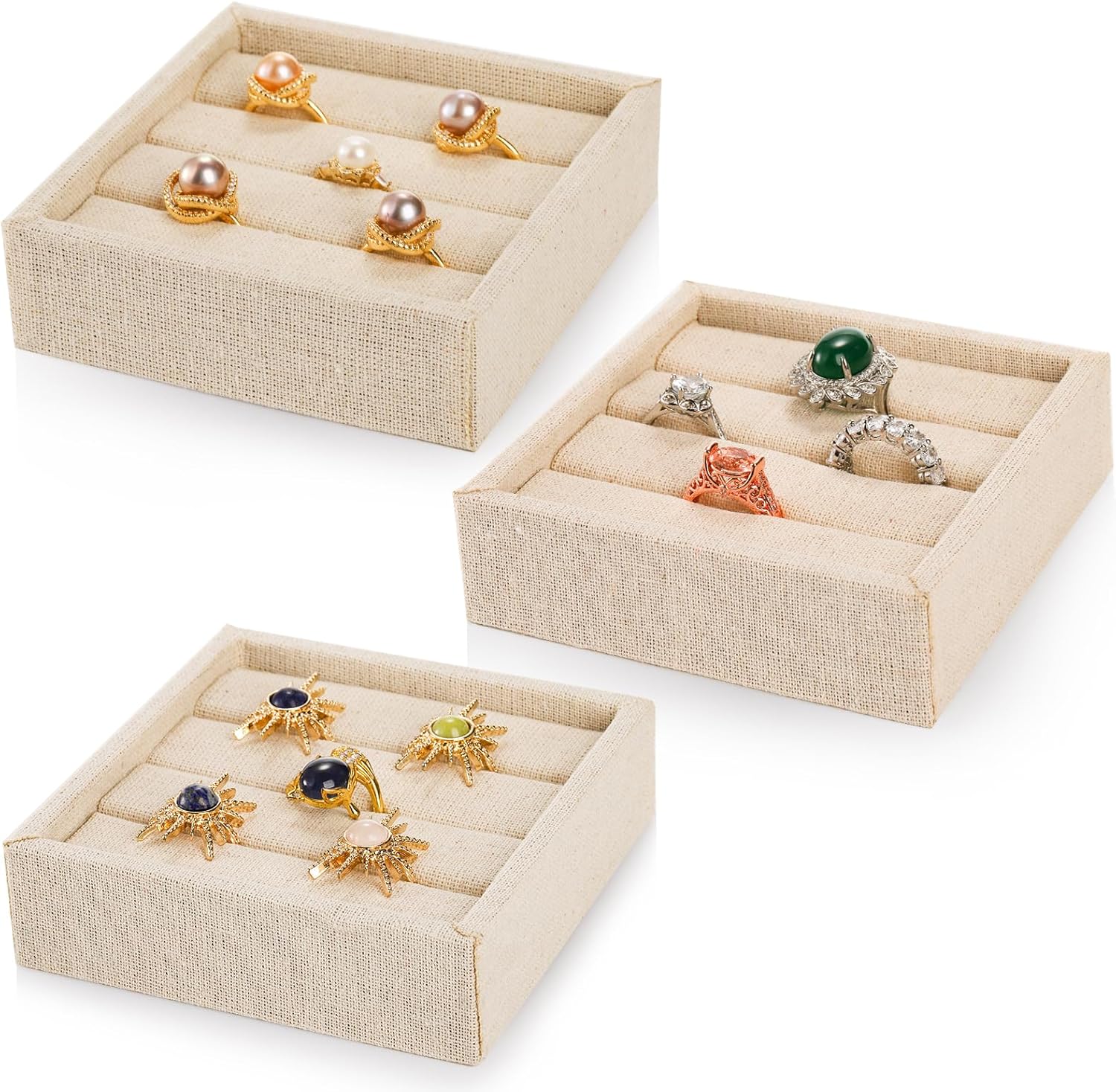 Amazon.com: Hedume 3 Pcs Linen 3 Slots Ring Earrings Display Trays ...