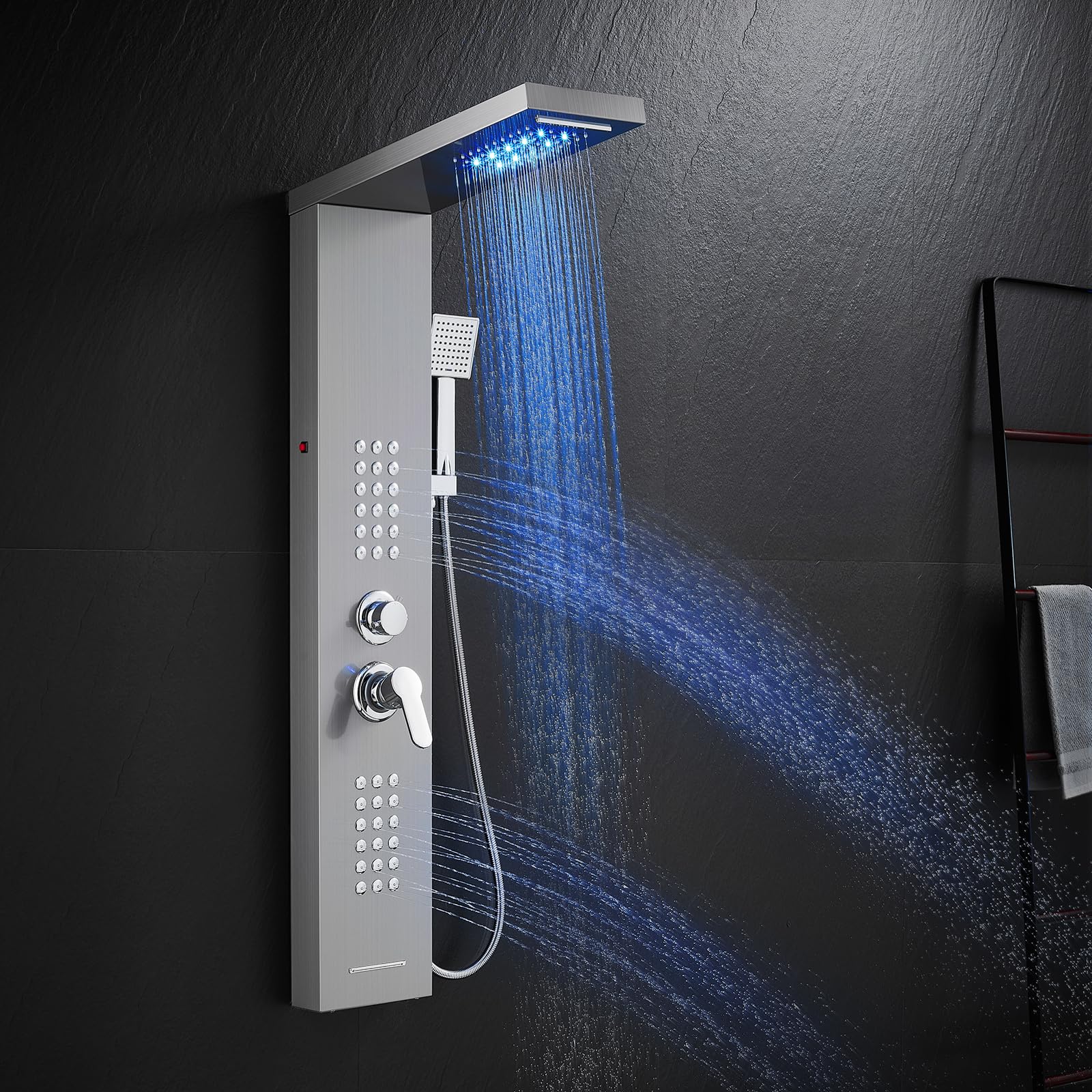 ROVATE LED Shower Panel Tower System Brushed Stainless Steel, Rainfall ...