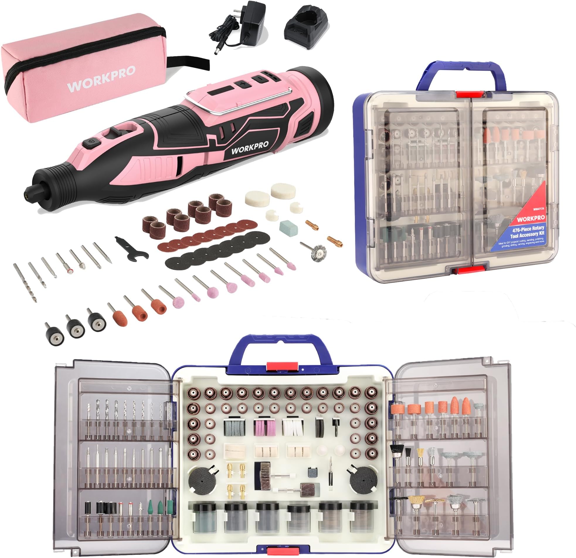 WORKPRO Pink 12V Cordless Rotary Tool Kit and 476PCS Rotary Tool ...