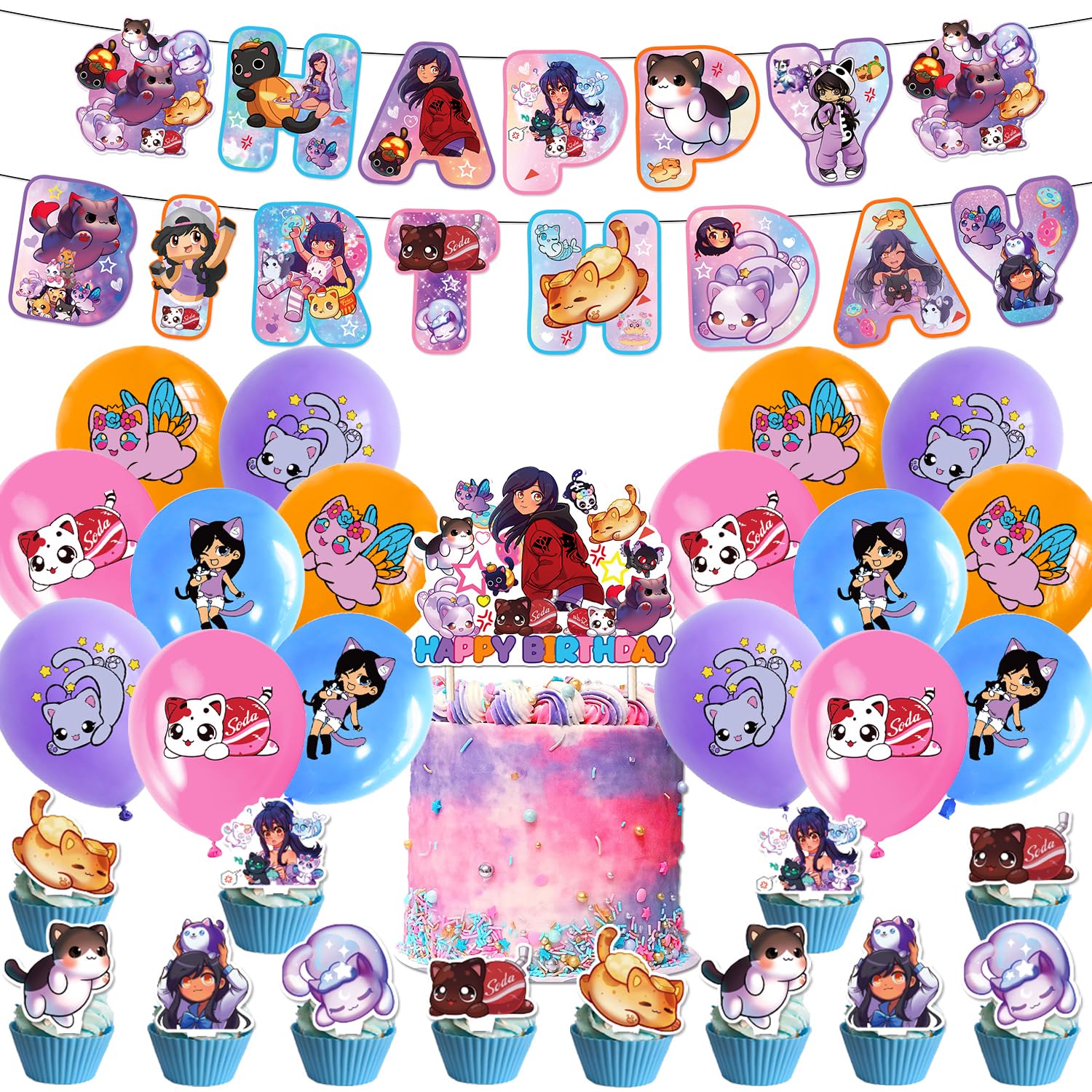 Aphmau Cat Party Supplies Cartoon Cat Plush Theme Birthday Decorations ...
