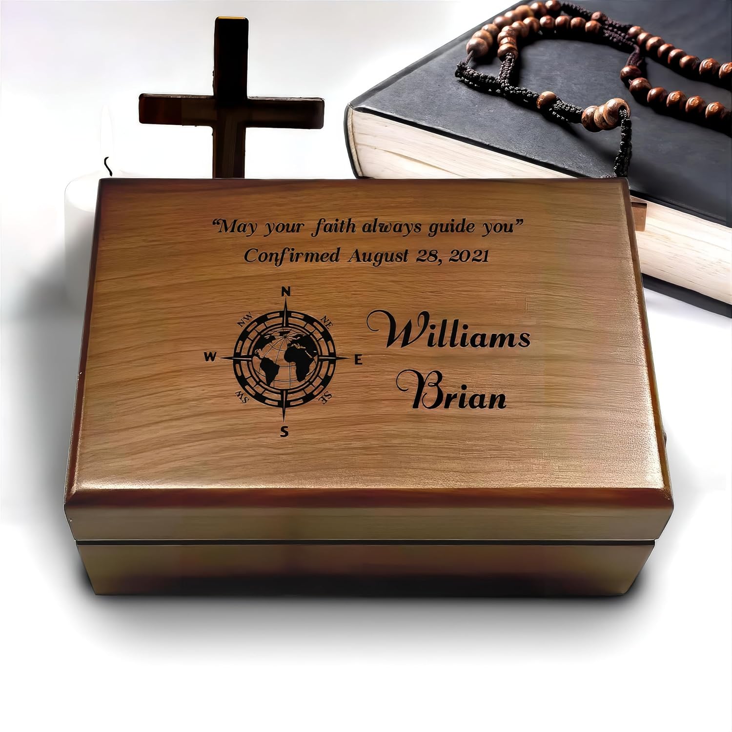 Amazon.com: Engraved Confirmation Wooden Box, Compasses with Scripture ...