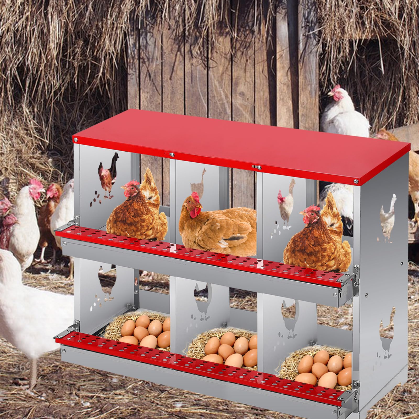Chicken Nesting Box, 6 Compartment Metal Chicken Laying Box with Vented ...