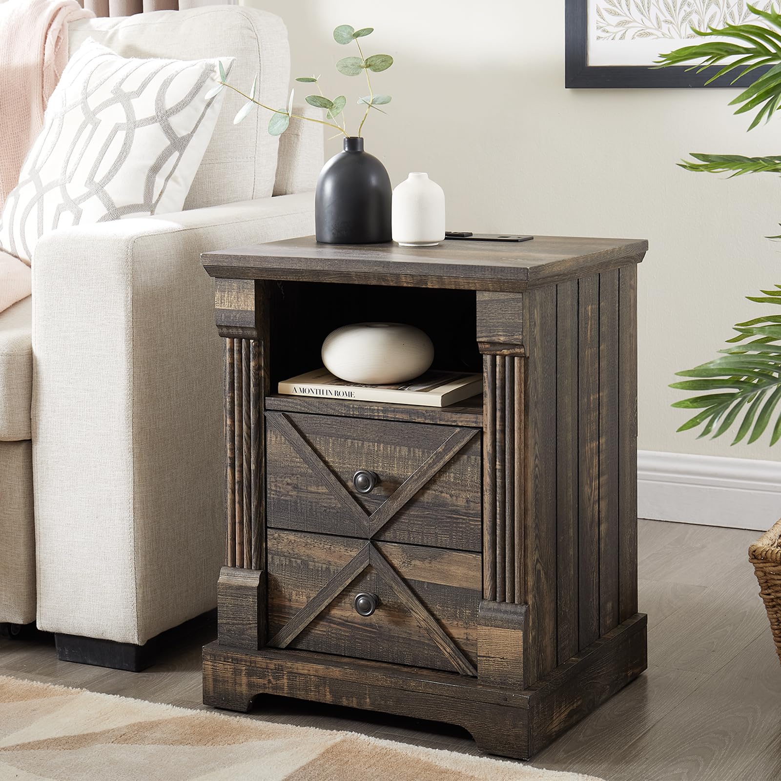 Amazon.com: Minifeel Nightstand with Charging Station, Rustic 18 Inch ...