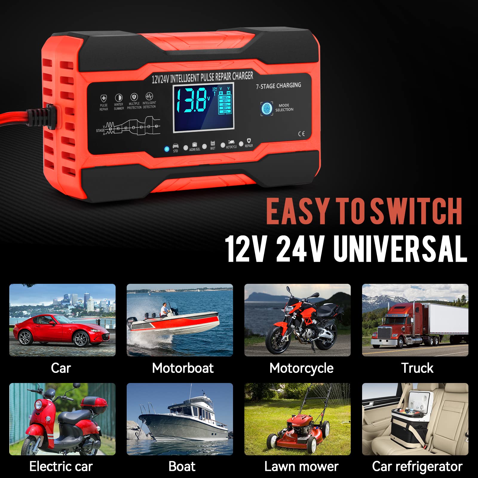 Buy color tree Battery Charger 10-Amp 12V and 24V Fully-Automatic Smart ...