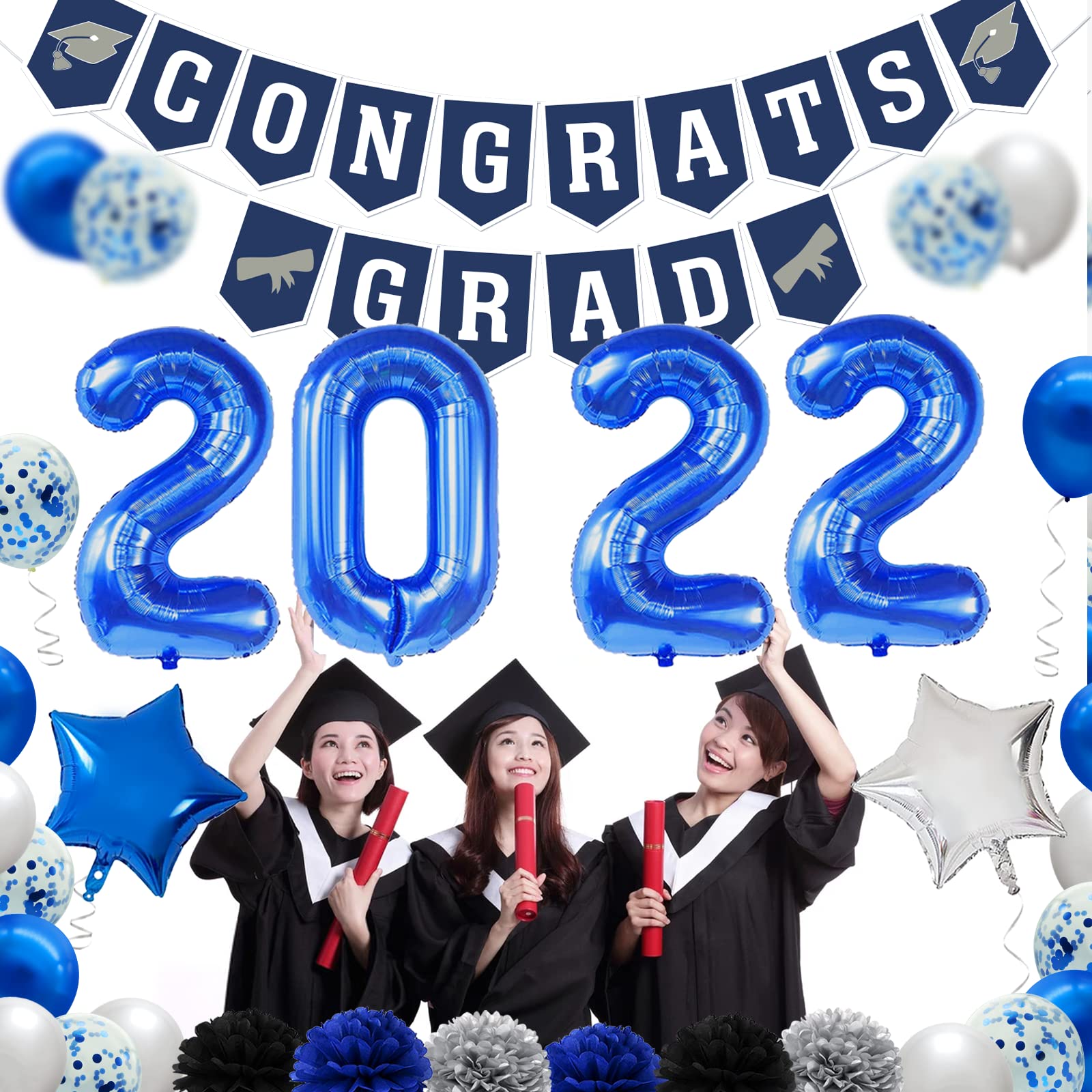 Buy Blue Graduation Party Decorations 2022 Large Congrats Grad Banner ...