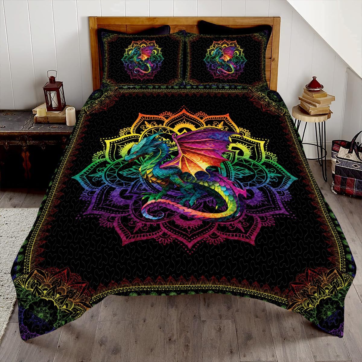 Amazon.com: Jeminise Dragon Quilt Set – Red Dragons Bedding Set ...