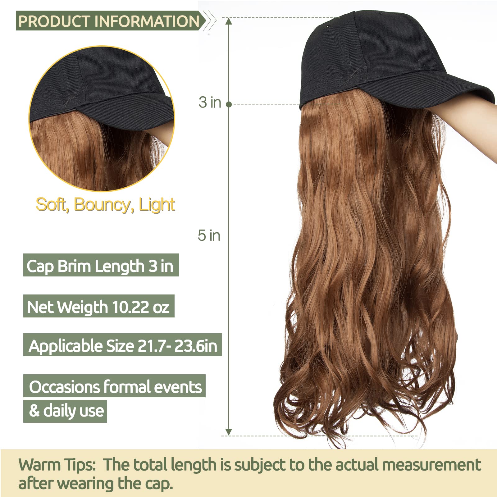 S-noilite 16" Baseball Cap with Hair Baseball Hats with Hair Attached ...