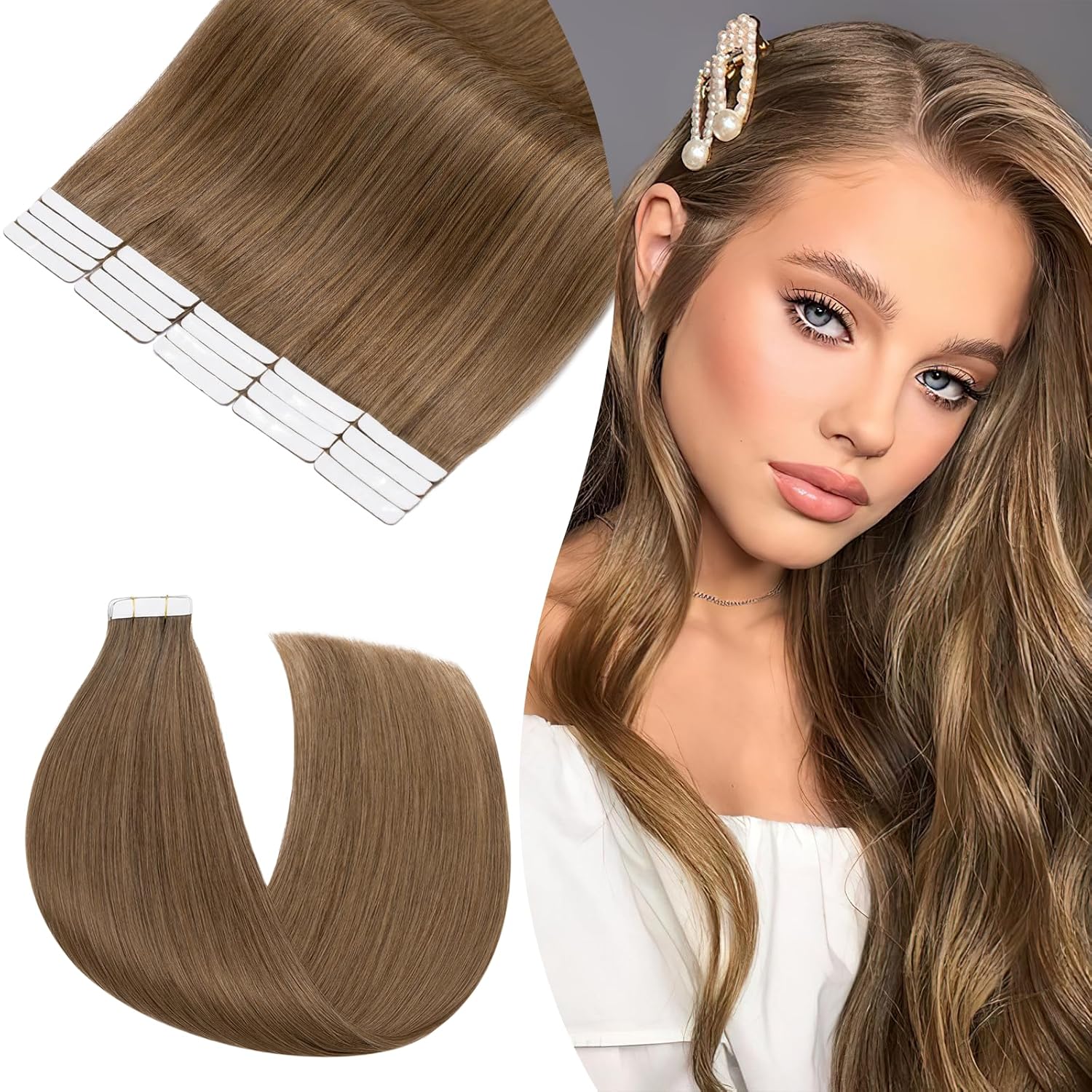 Rich Choices Tape-In Real Hair Extensions, 50 cm, 20 Pieces, #6 Light ...