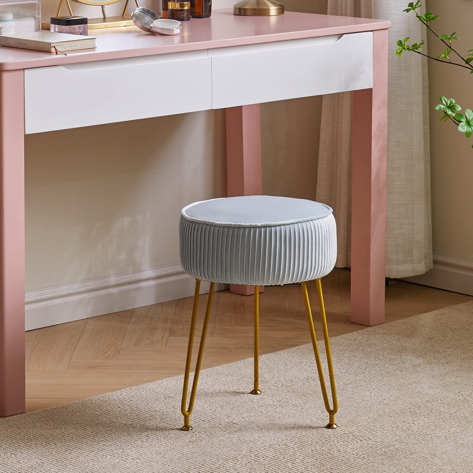IBUYKE Velvet Round Footrest Stool Ottoman, Makeup Vanity Stool Side ...