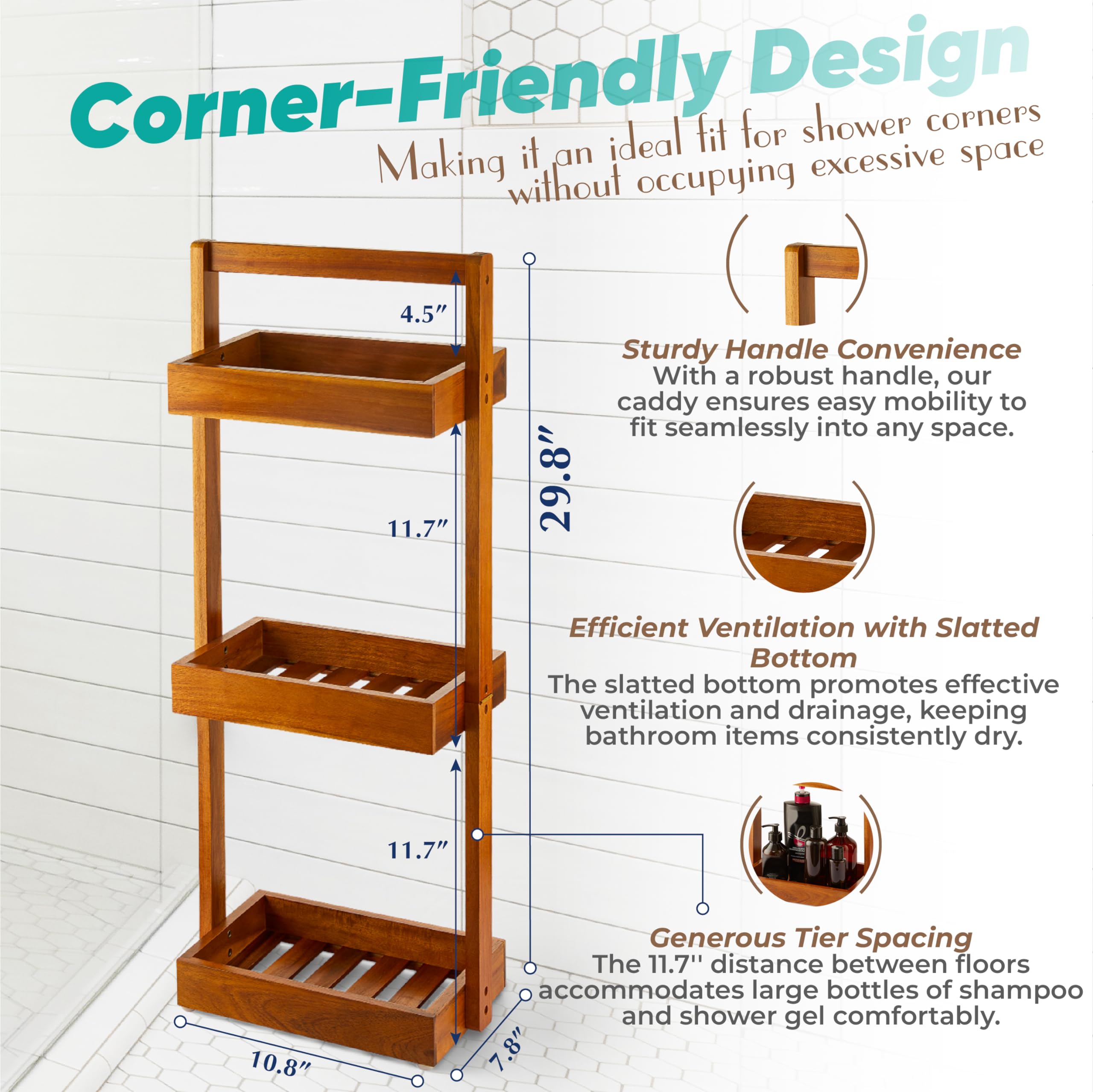Snapklik.com : BLUEWEST Acacia Shower Caddy Corner, Standing Shower Organizer Shelf