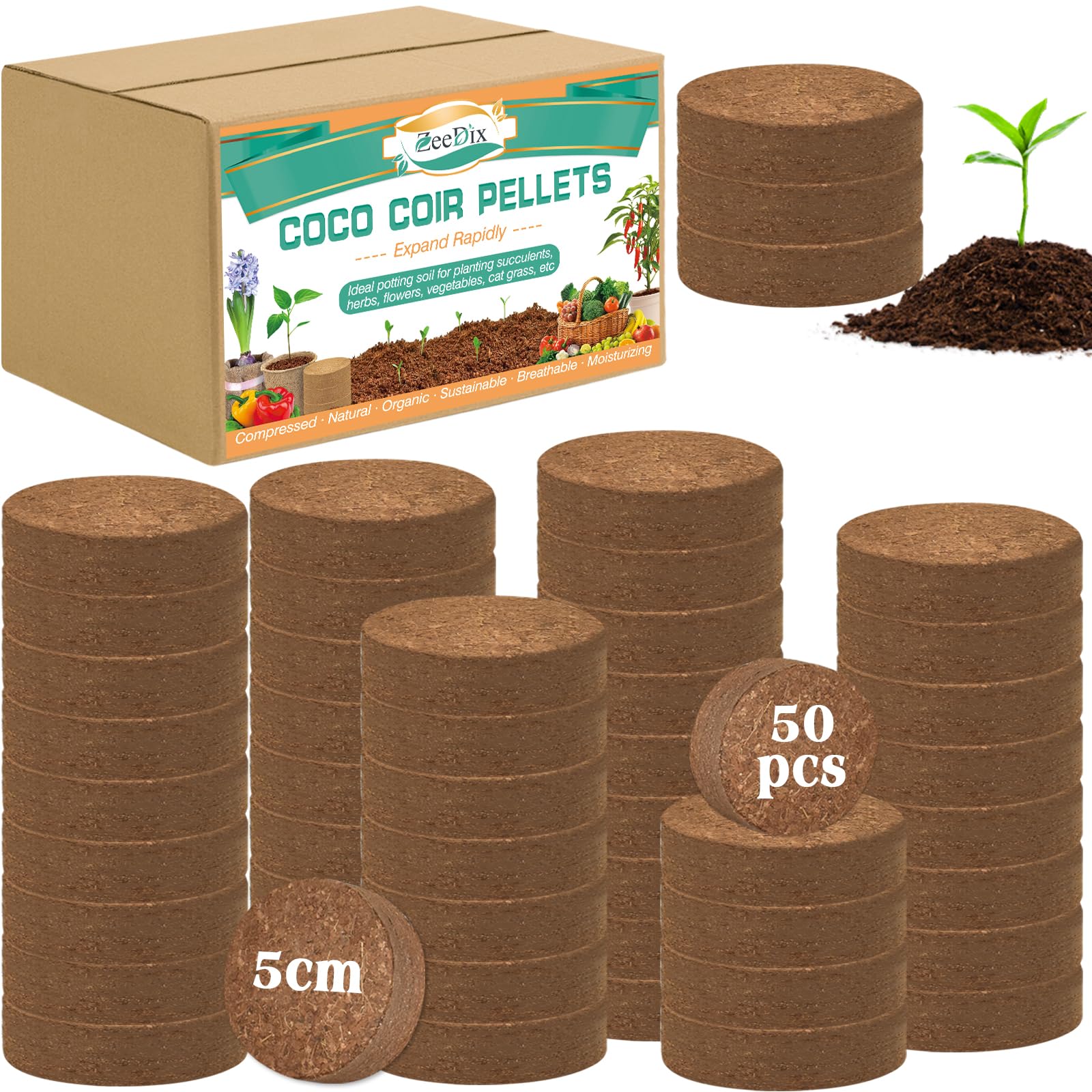 ZeeDix 50pcs(50mm) Compressed Coco Coir Fiber Potting Soil- Coir Medium ...