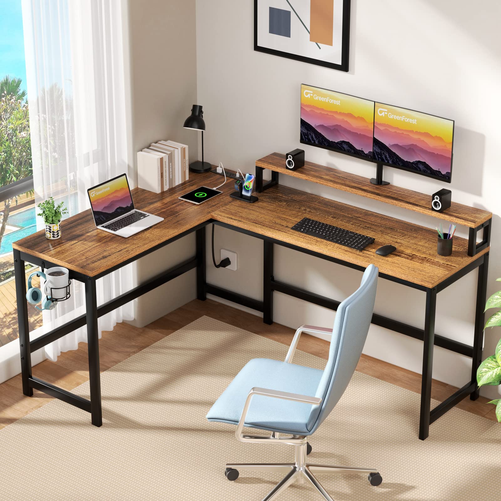GreenForest L Shaped Desk with Power Outlets, 62 Inches Reversible ...