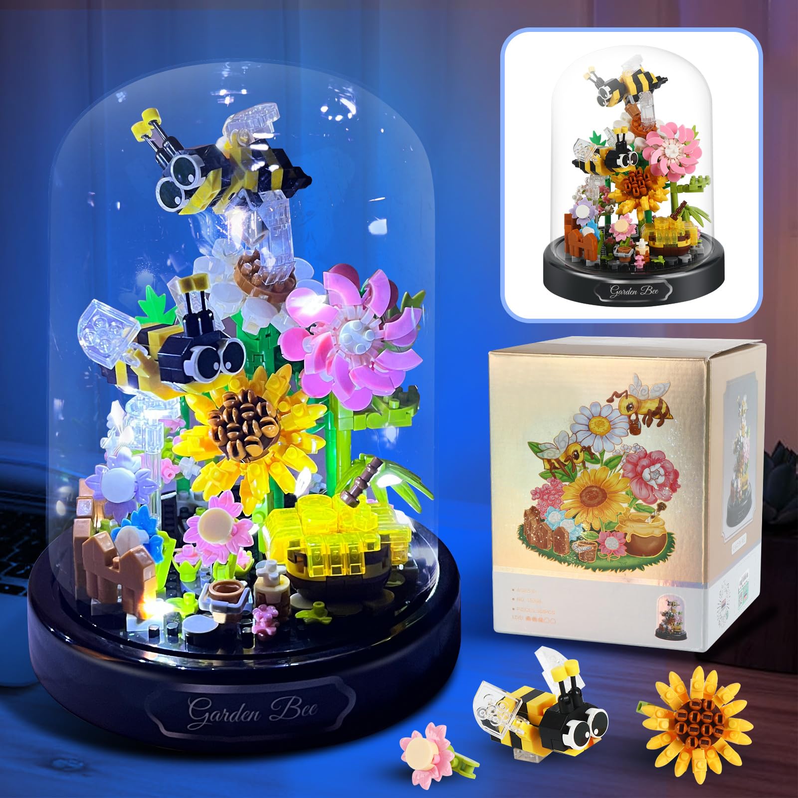Amazon.com: ZQJKLE Flower Bee Bouquet Building Blocks with LED String ...